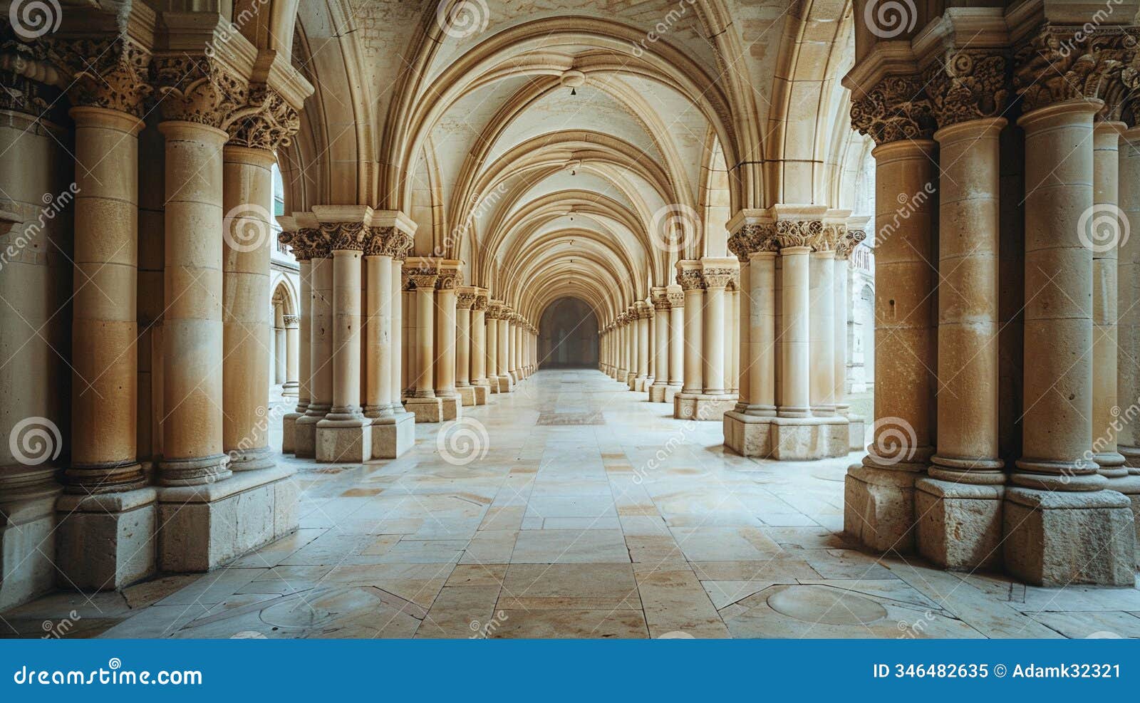 Elegant Ancient Stone Hallway with Arched Ceilings and Pillars in ...