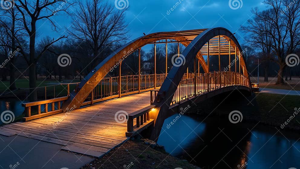 Elegant Arched Bridge Over River with Illuminated Path at Night Stock ...