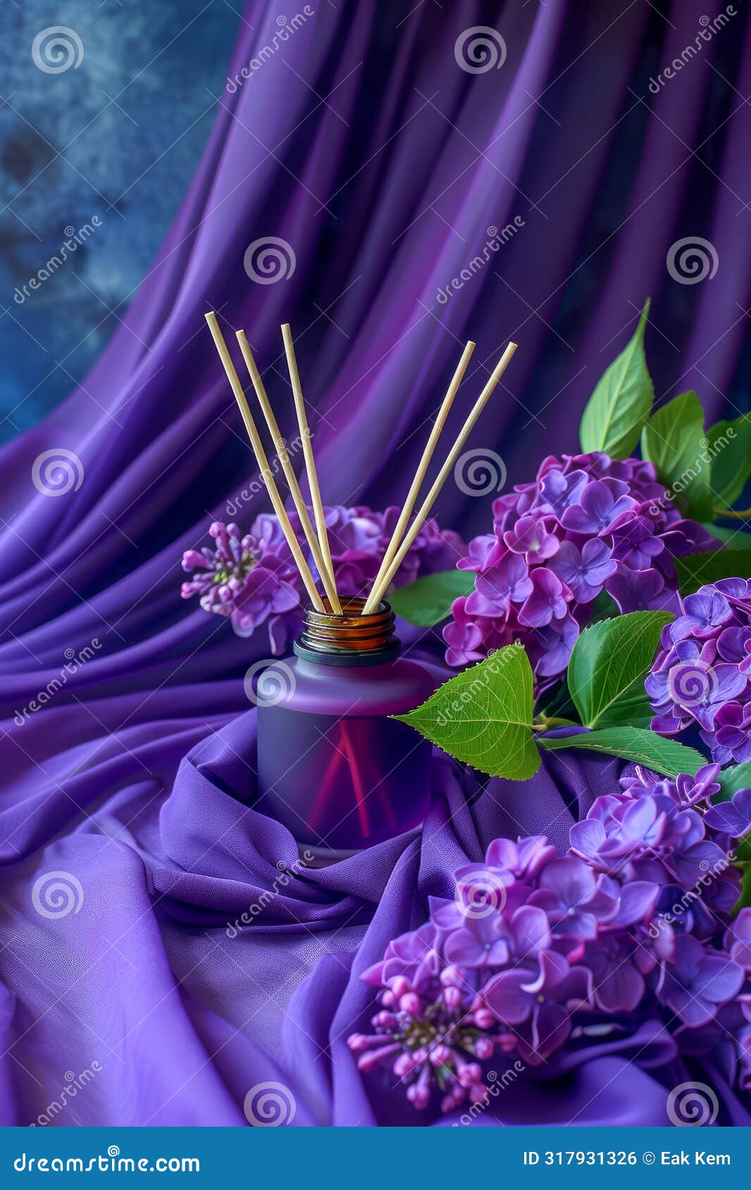 Elegant Aromatherapy Diffuser with Bamboo Sticks and Purple Hydrangeas ...