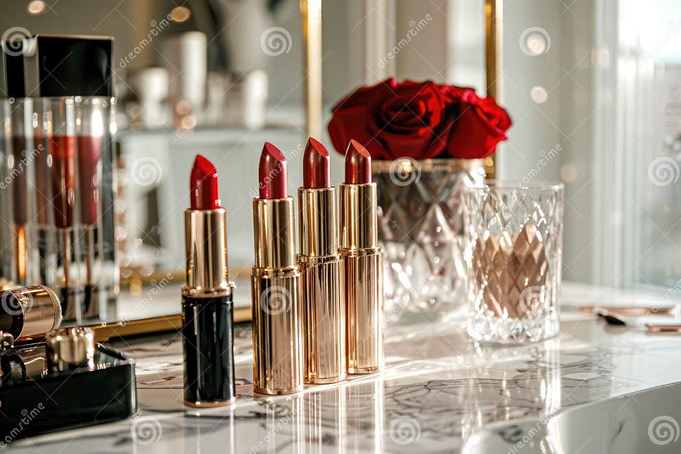 Elegant Array of Lipsticks on a Vanity, with a Crystal Glass and a Red ...