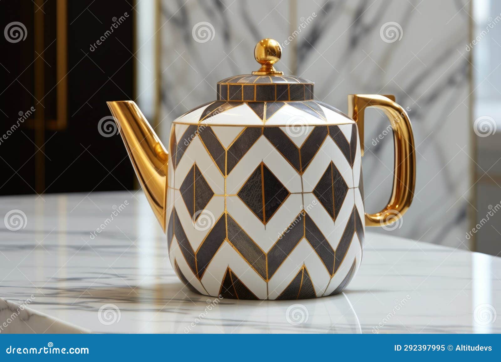An Elegant Art Deco Teapot with Geometric Patterns on a Marble ...