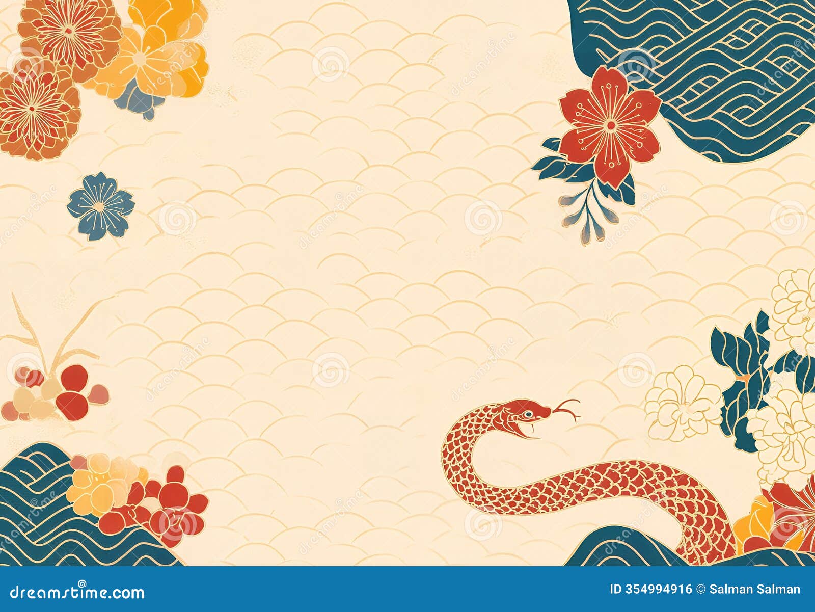 Elegant Asian Inspired Background Red Snake Flowers and Wave Pattern ...