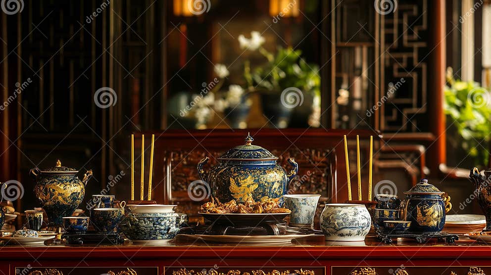 Elegant Asian Tea Ceremony Table Setting Display Stock Illustration ...