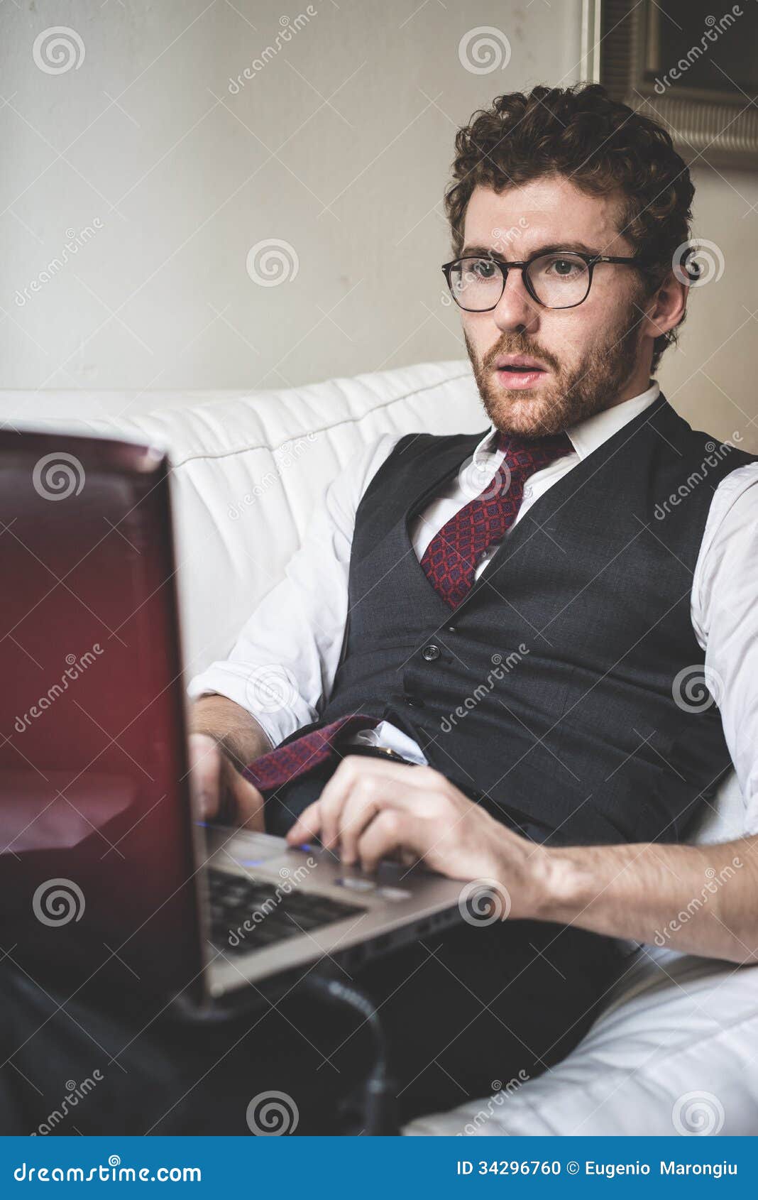 Elegant Attractive Fashion Hipster Man Using Notebook Stock Photo ...