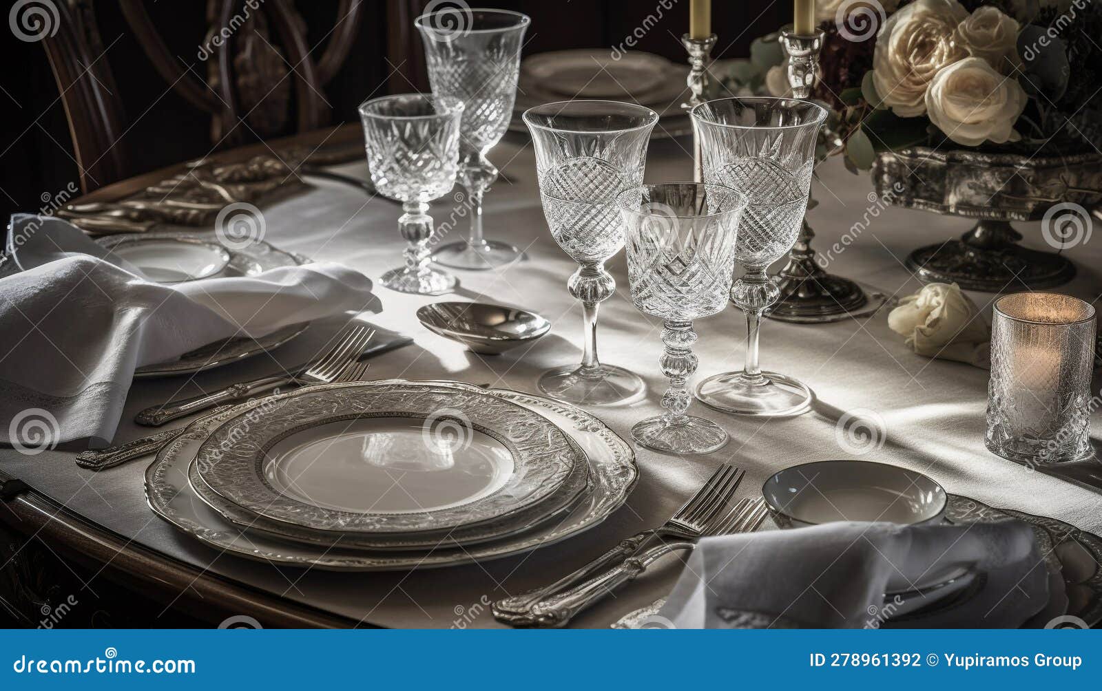 Elegant Banquet Set on Ornate Table with Crystal Crockery and ...