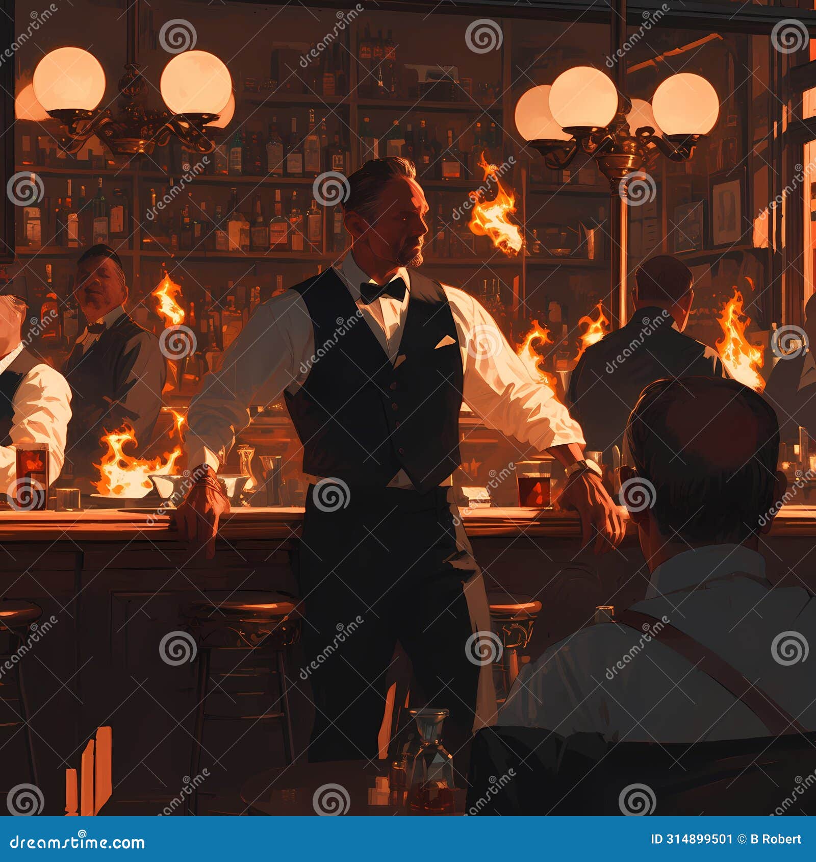 Elegant Bar Scene with Flames Stock Illustration - Illustration of ...