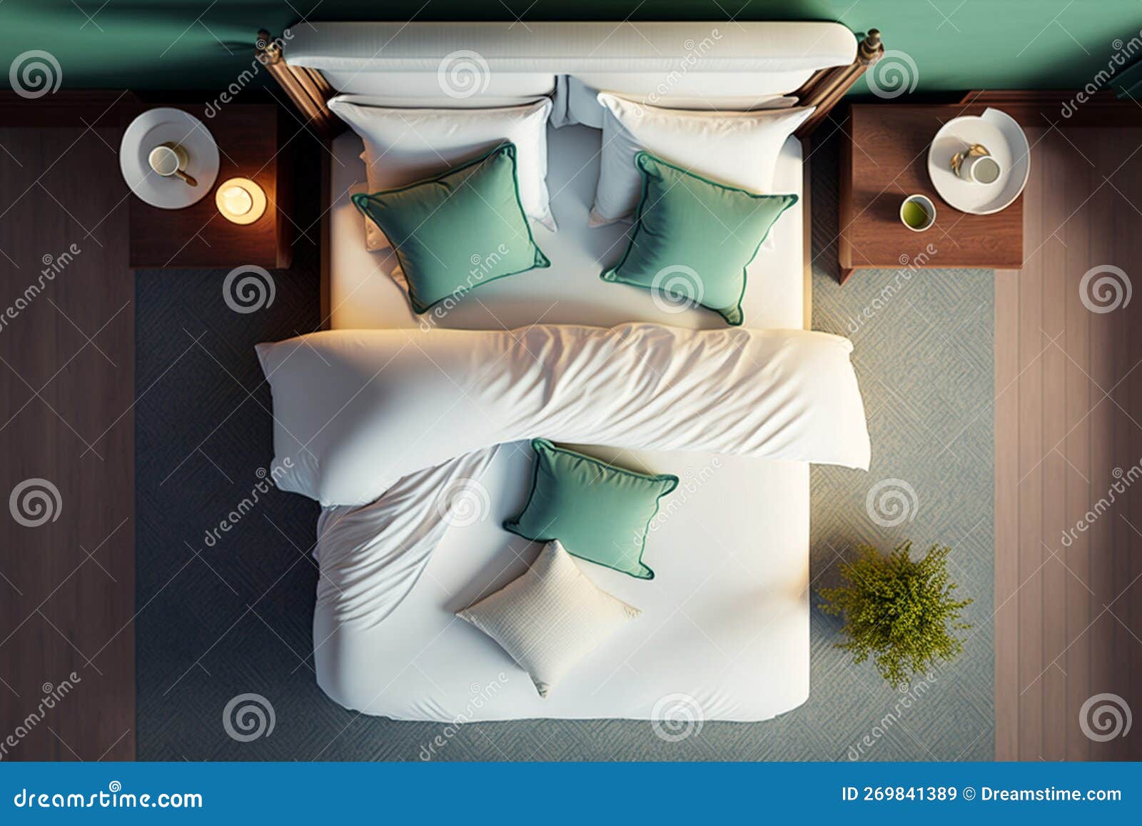 Elegant Bed with Soft White Duvet, Bedding and Pillows, Top View. AI ...