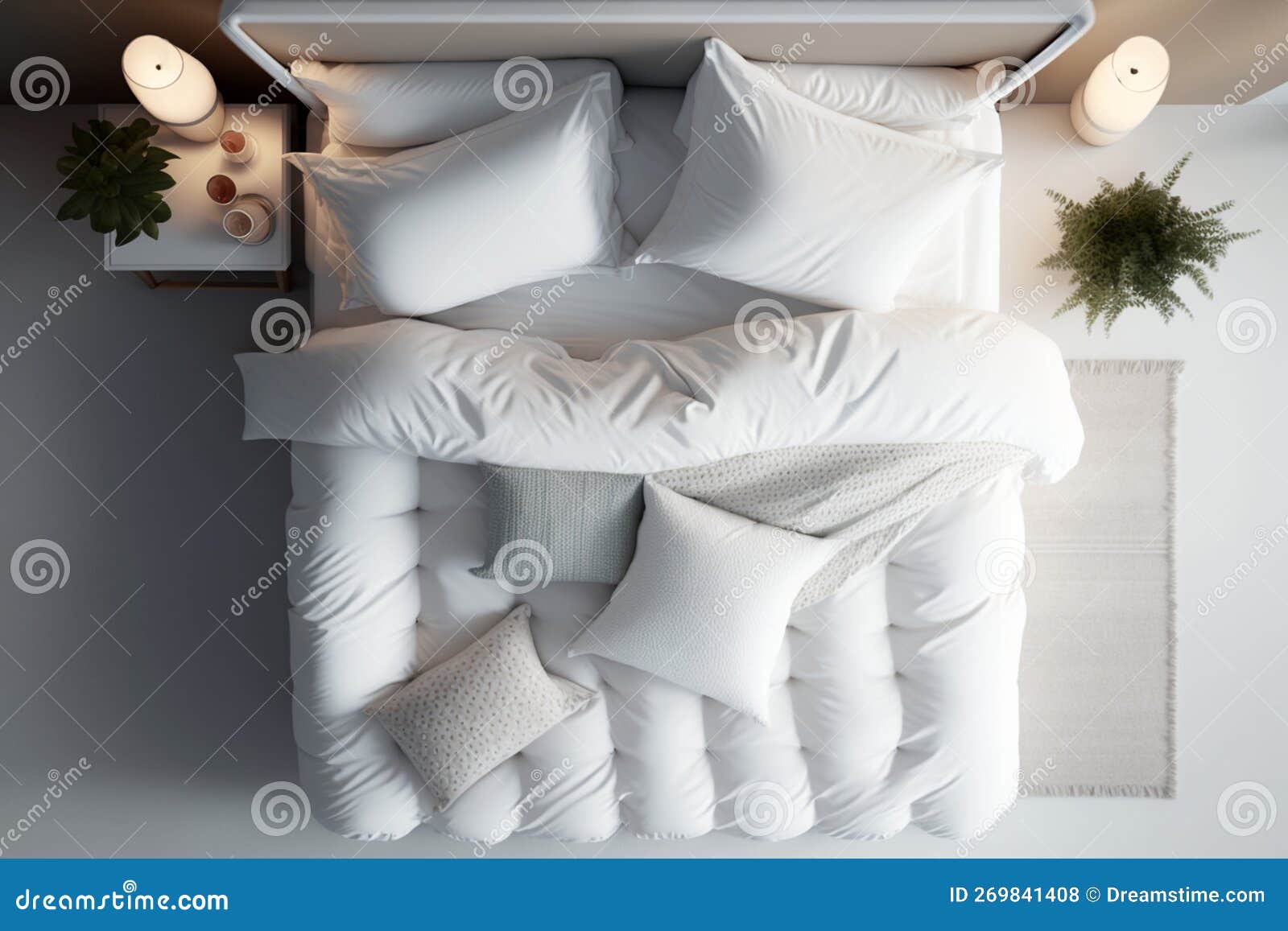 Elegant Bed with Soft White Duvet, Bedding and Pillows, Top View. AI ...