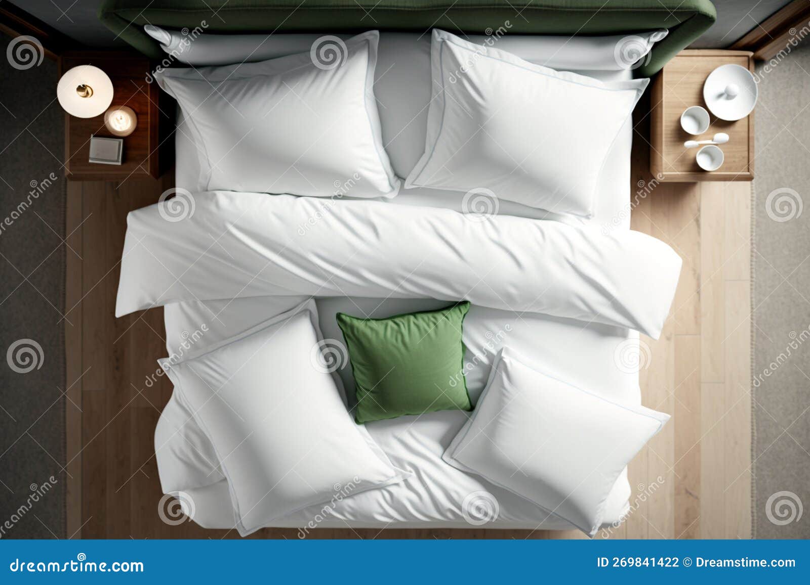 Elegant Bed with Soft White Duvet, Bedding and Pillows, Top View. AI ...