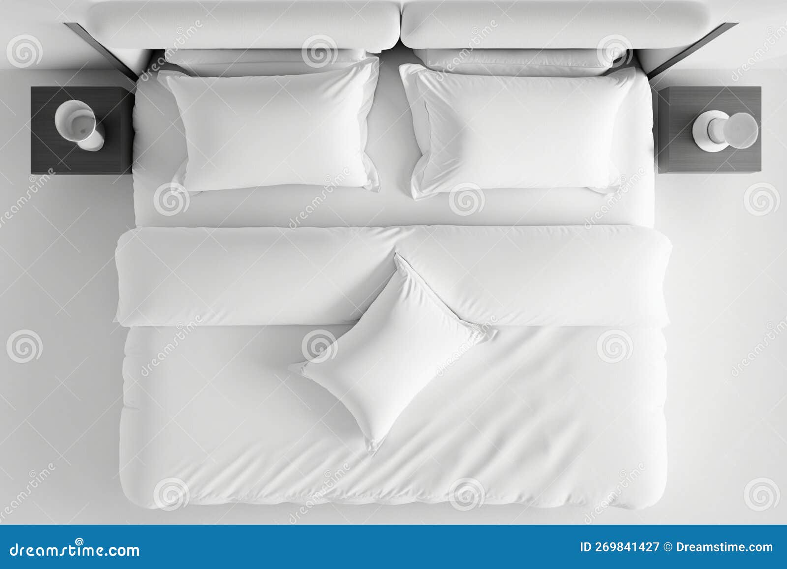 Elegant Bed with Soft White Duvet, Bedding and Pillows, Top View. AI ...