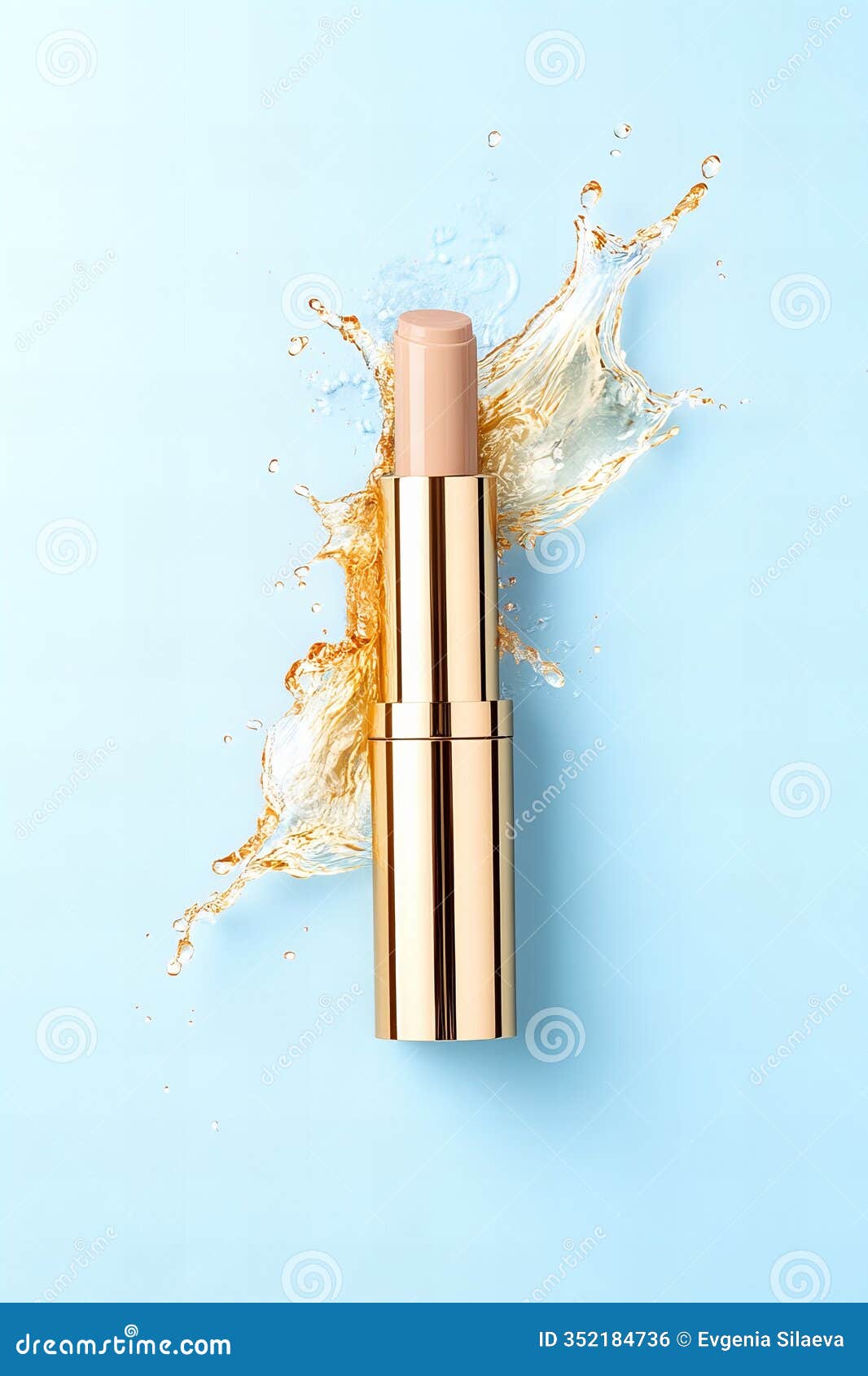 Elegant Beige Lipstick with Splash Effect on Blue Background Stock ...