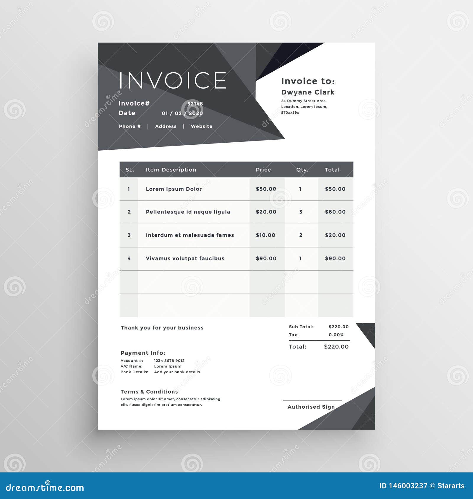 Elegant Black Business Invoice Template Stock Vector - Illustration of ...