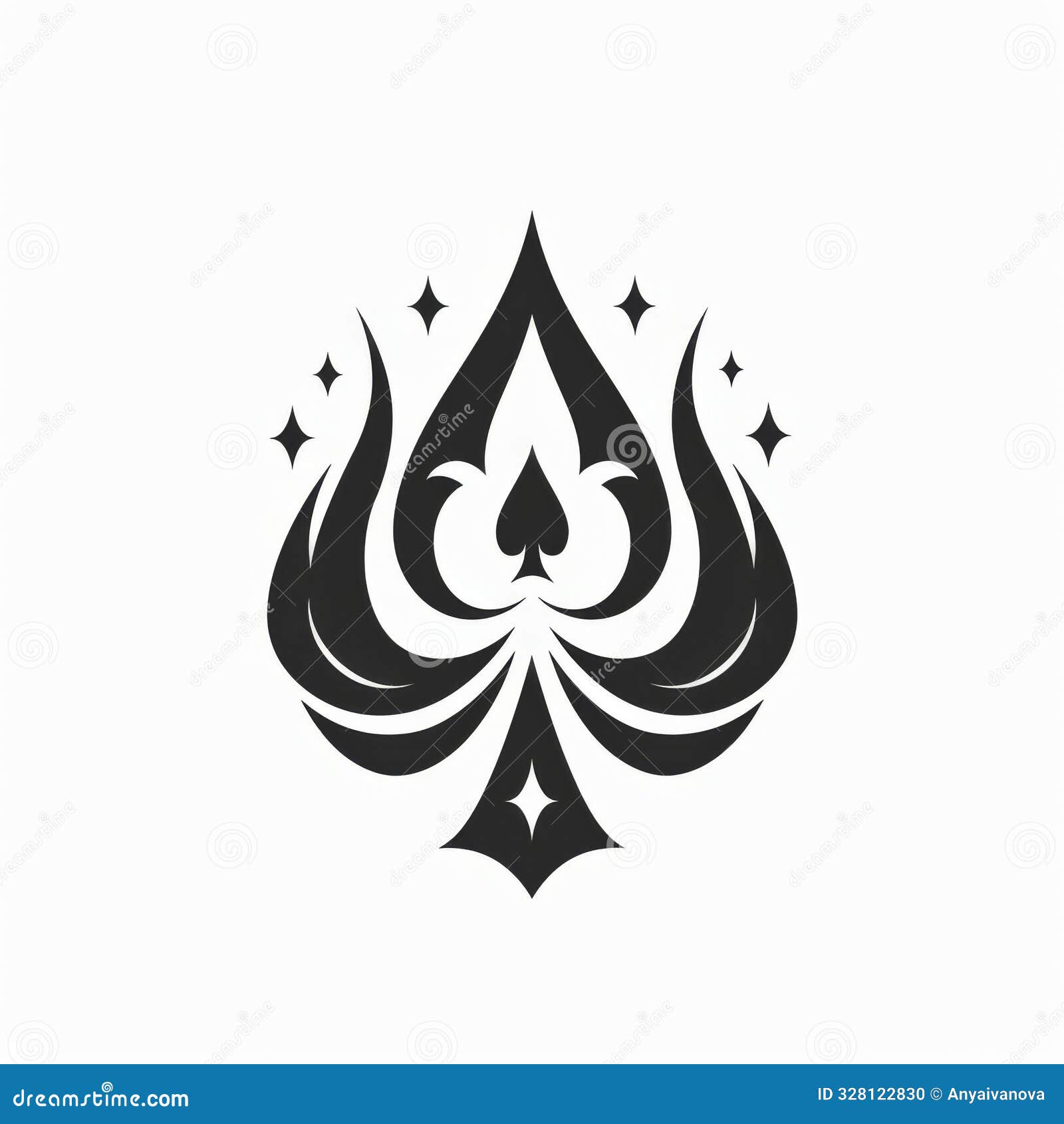Elegant Black Spade Icon with Stylized Curves and Stars on White ...