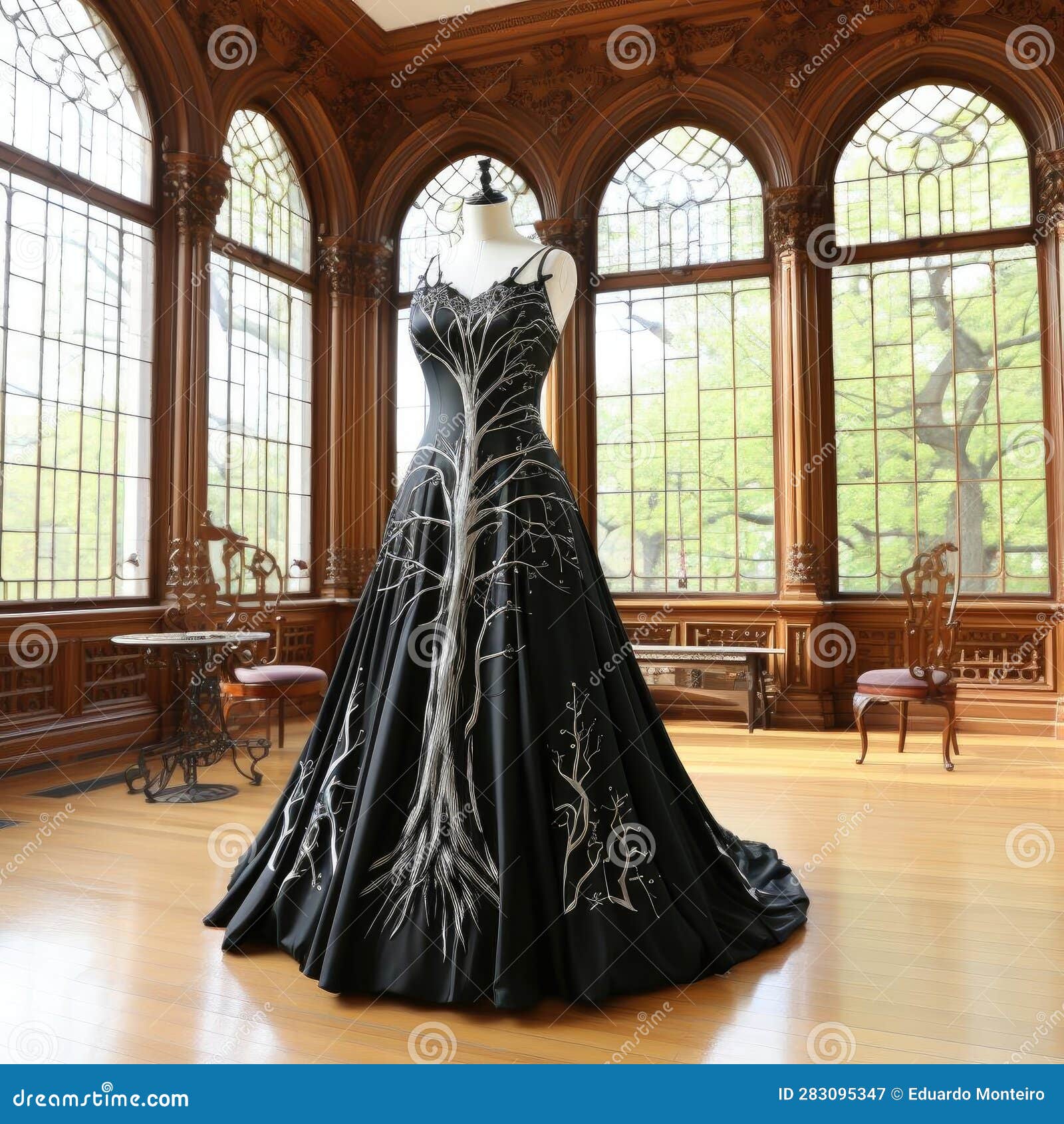 Elegant Black Wedding Dress with a Tree Branch Pattern Stock ...