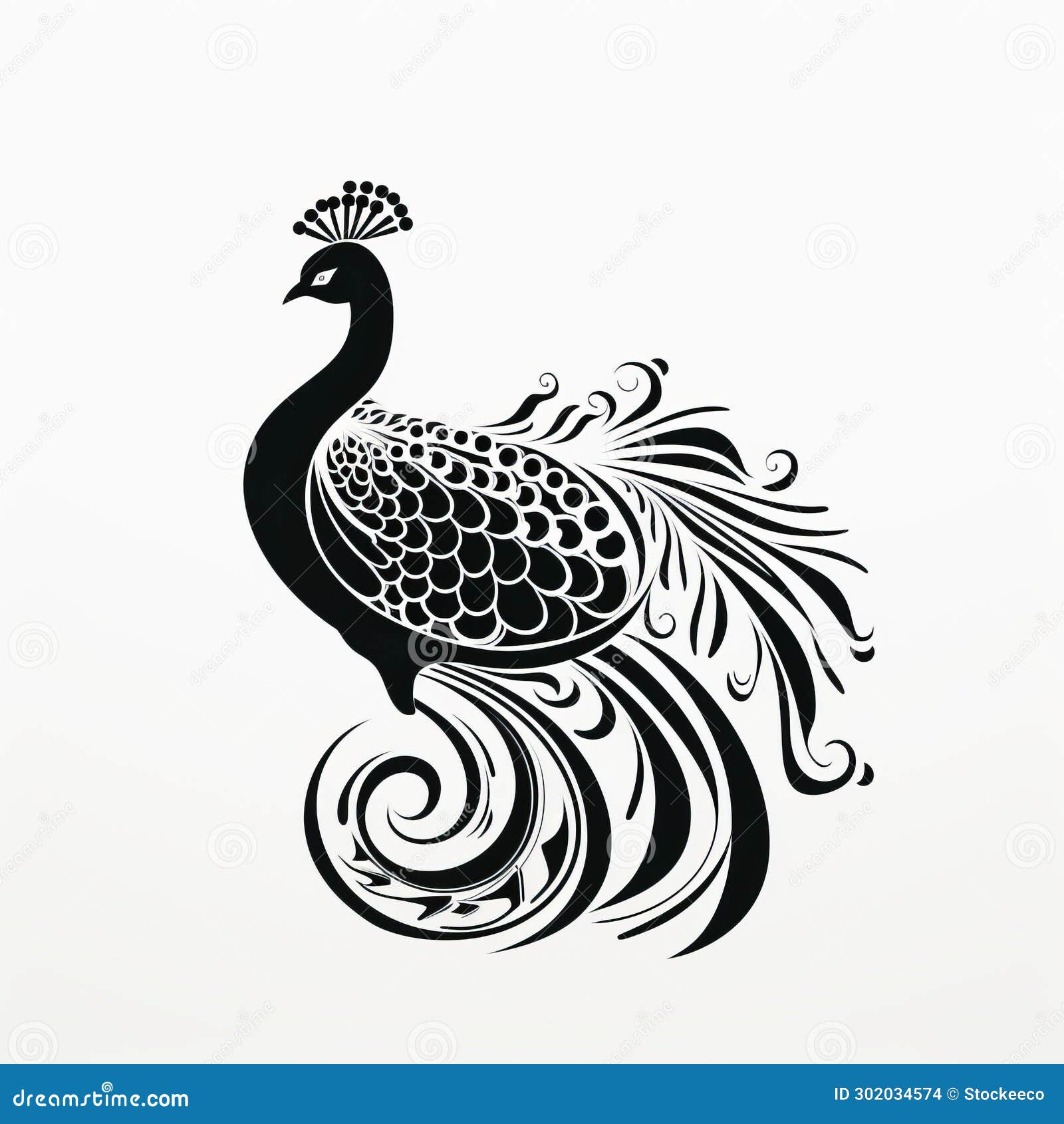 Elegant Black And White Peacock Ornament Vector Design Stock