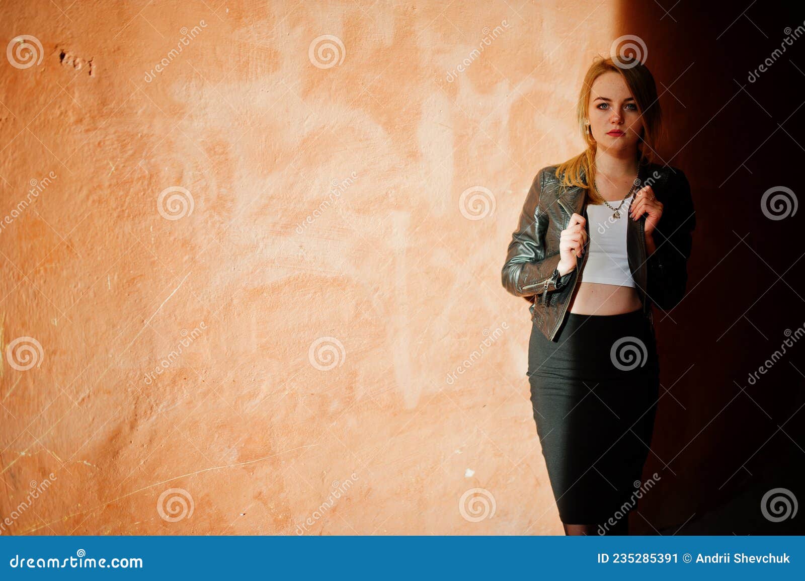 Elegant Blonde Girl Wear On Black Leather Jacket Stock Image Image Of