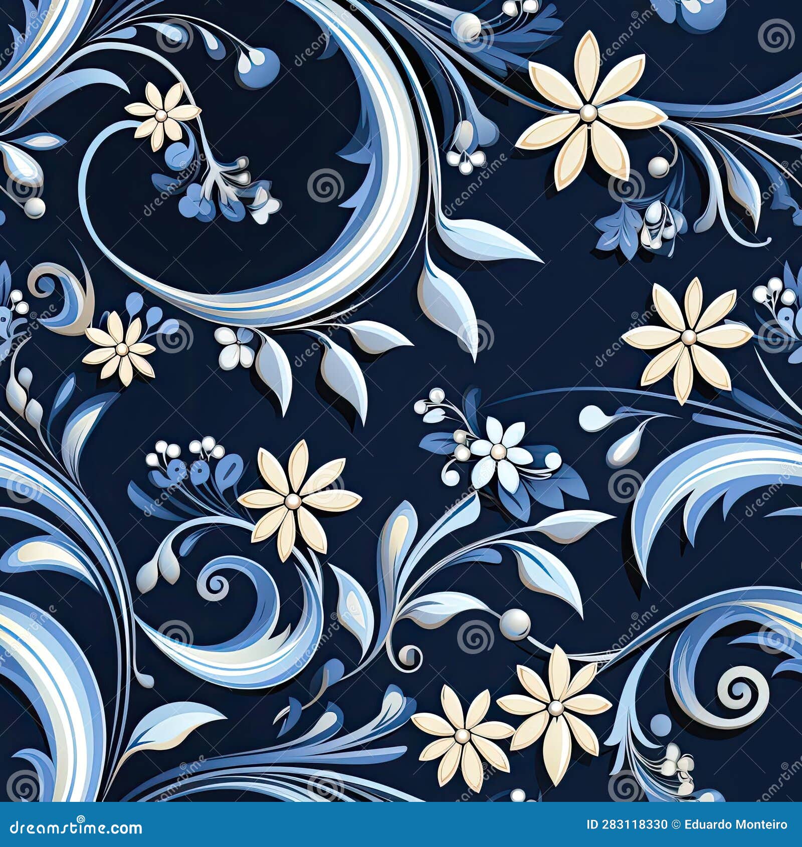 Elegant Blue Flower Pattern with Swirling Colors and Rococo Whimsy ...