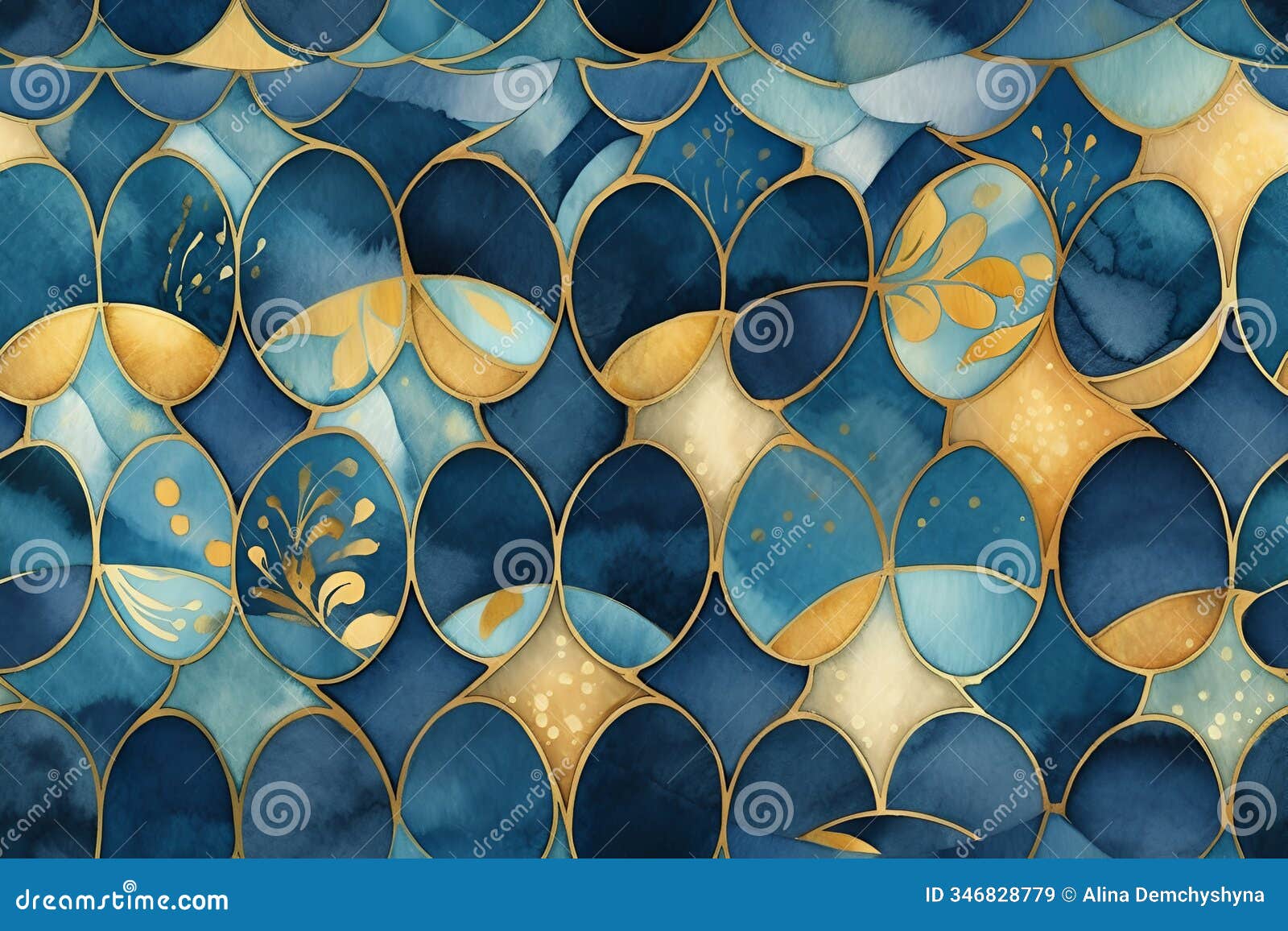 Elegant Blue and Gold Abstract Pattern with Geometric Shapes and Floral ...