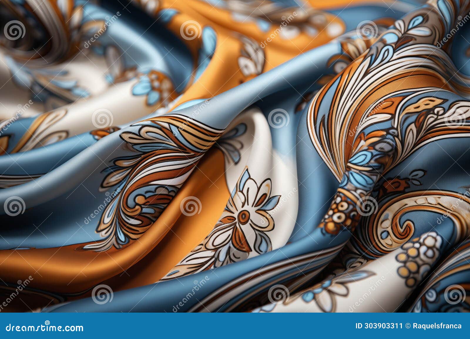 Elegant Blue and Gold Silky Fabric with Ornate Patterns Stock ...