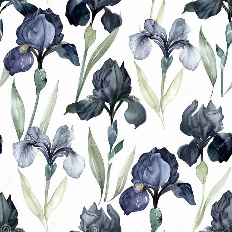 Elegant Blue and Grey Iris Flower Seamless Pattern Design Stock Image ...