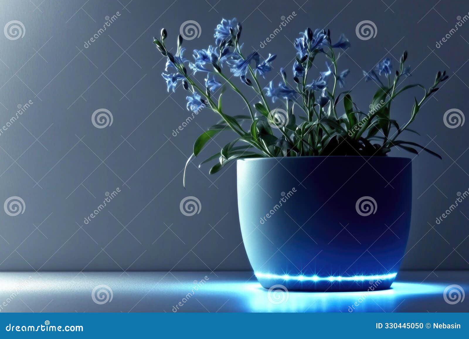 Elegant Blue Potted Flowers with LED Lighting in Minimalist Setting ...
