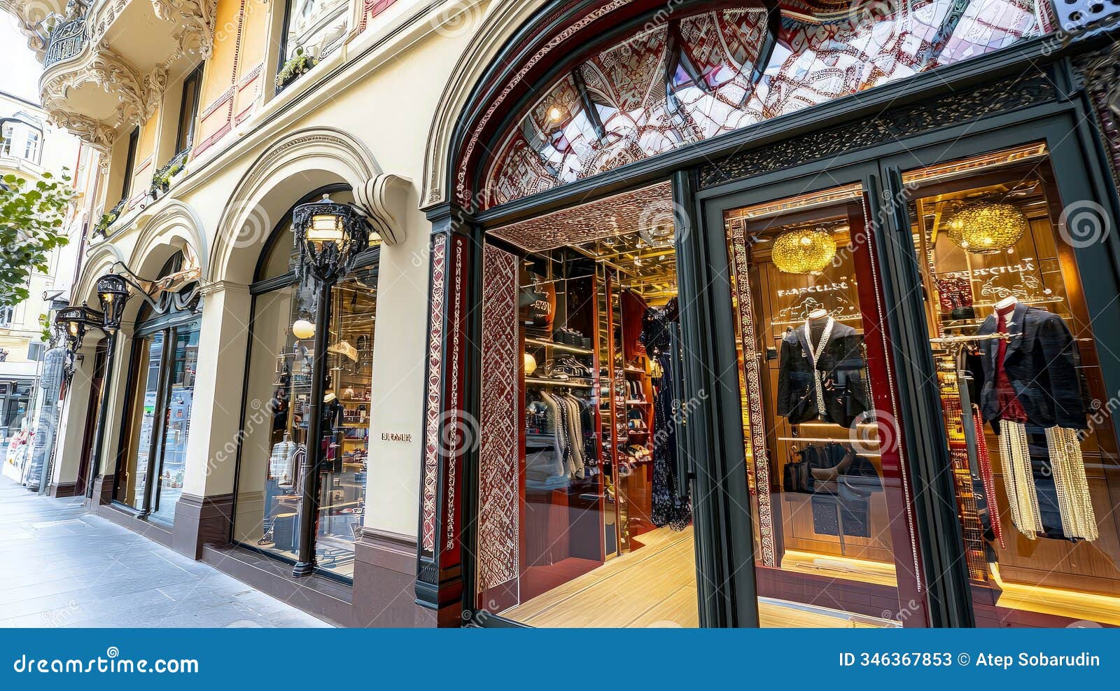 Elegant Boutique Storefront with Arched Windows, Displaying Clothing ...