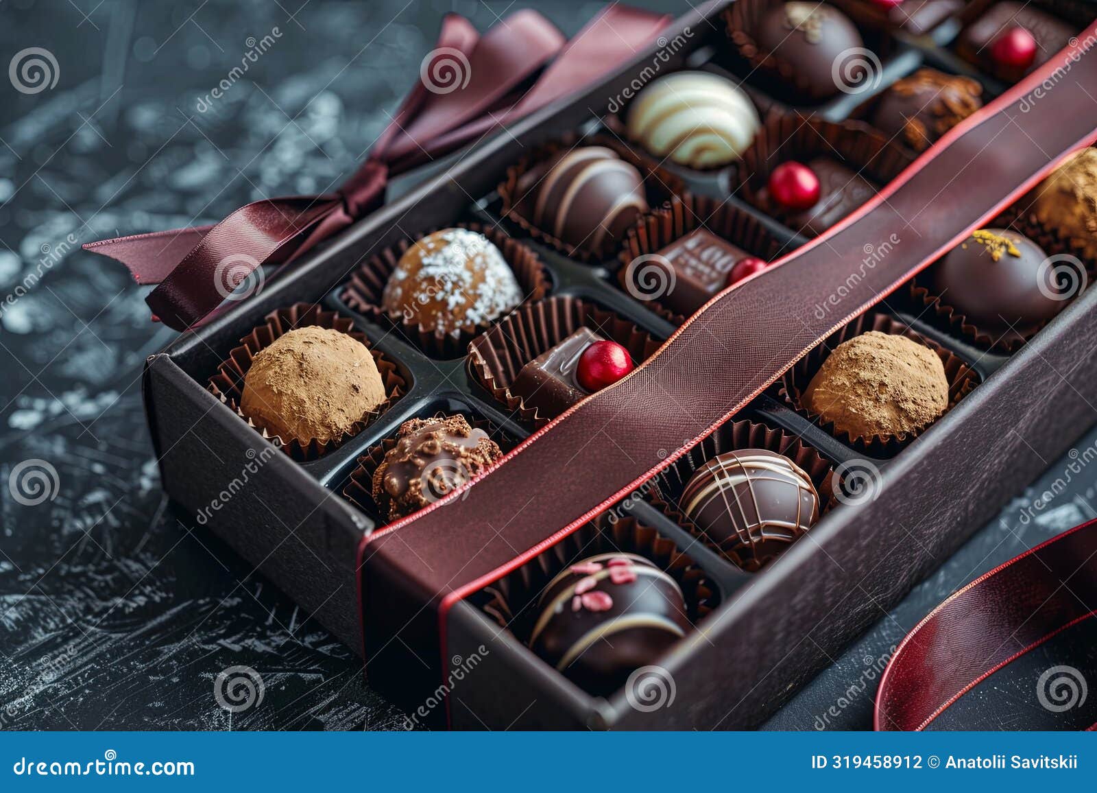 An Elegant Box of Assorted Chocolate Truffles with Decorative Ribbons ...