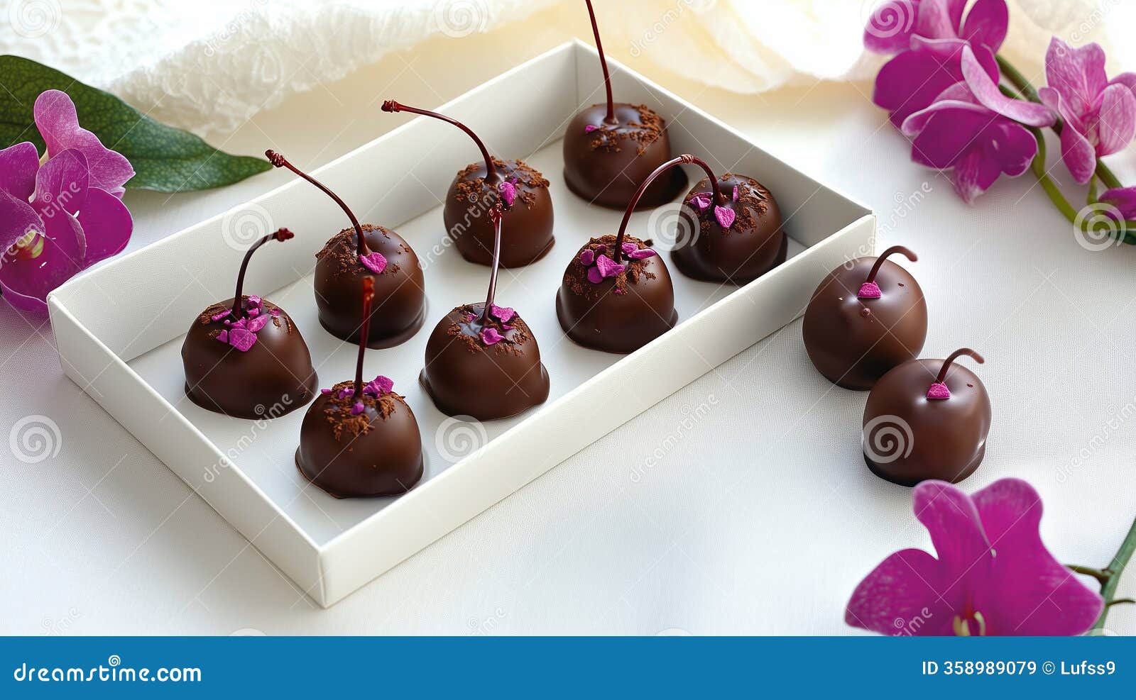 Elegant Box of Chocolate-covered Cherries with Orchids on White ...