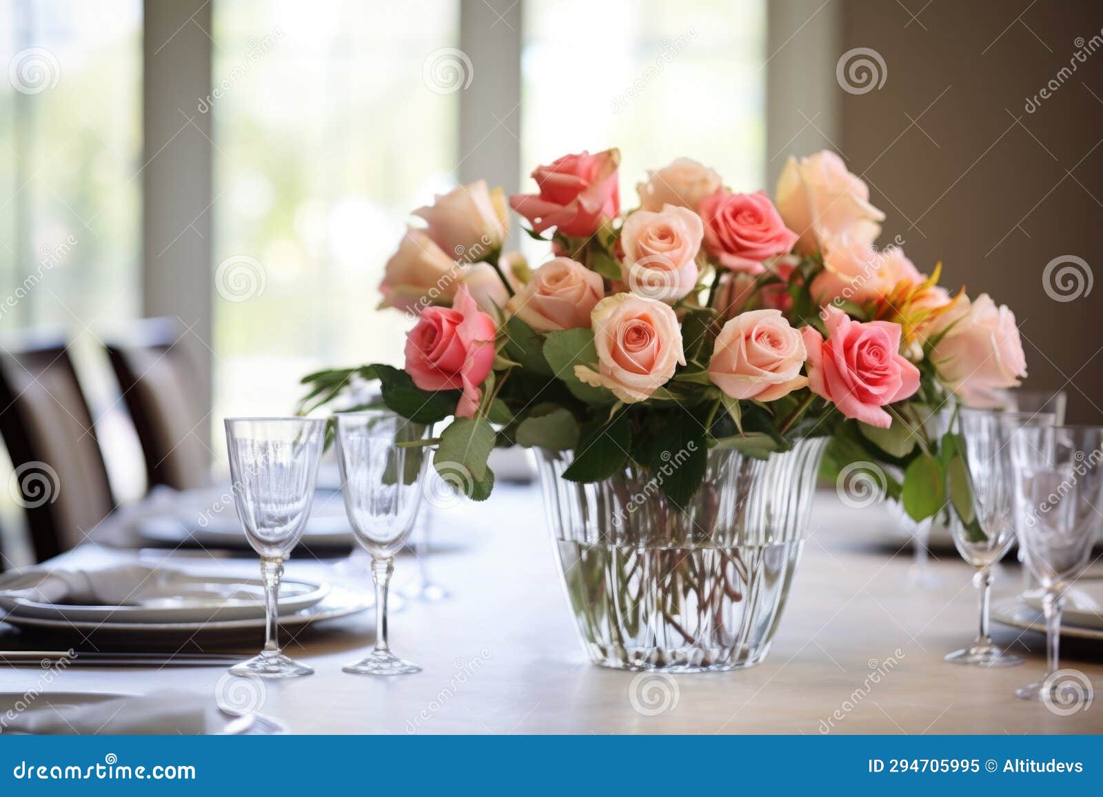 Elegant Centerpiece of Roses on a Dining Table Stock Image - Image of ...