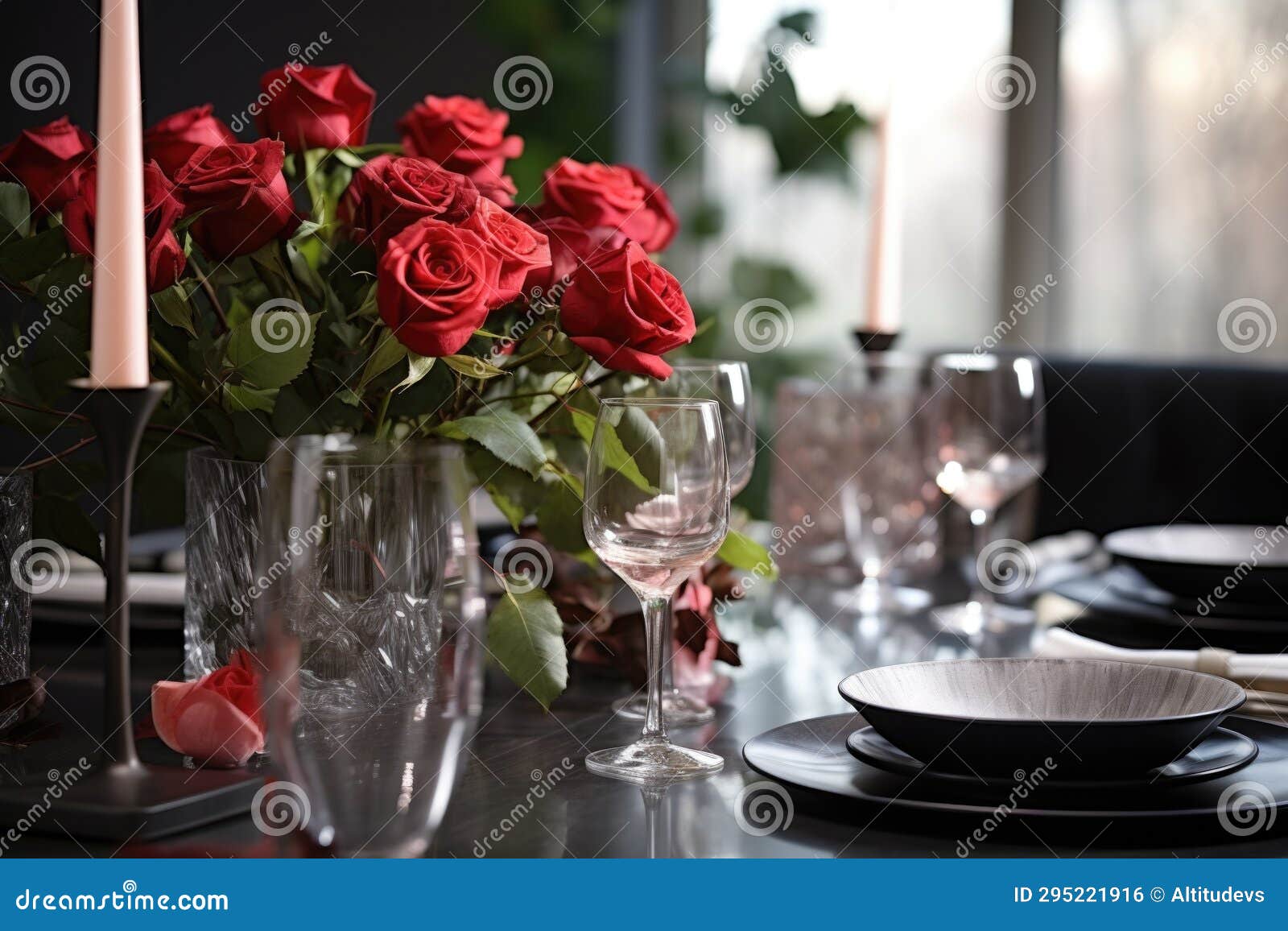 Elegant Centerpiece of Roses on a Dining Table Stock Photo - Image of ...
