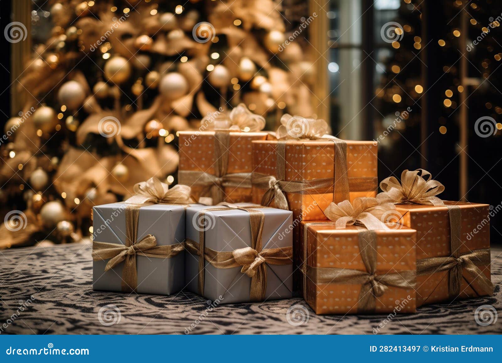 An Array of Elegant Christmas Gift Boxes Set Against a Beautifully ...