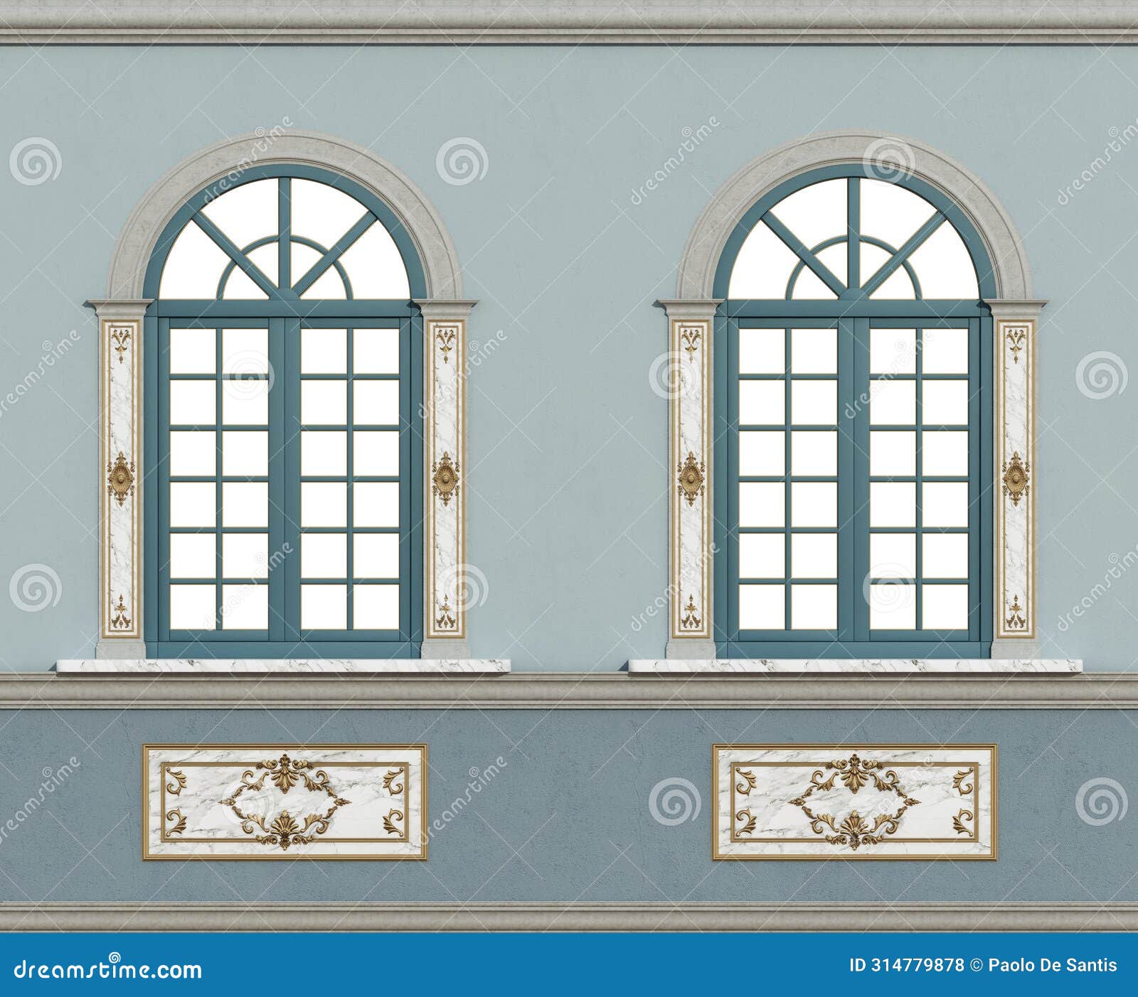 Elegant Classical Facade with Arched Windows on Blue Wall Stock ...