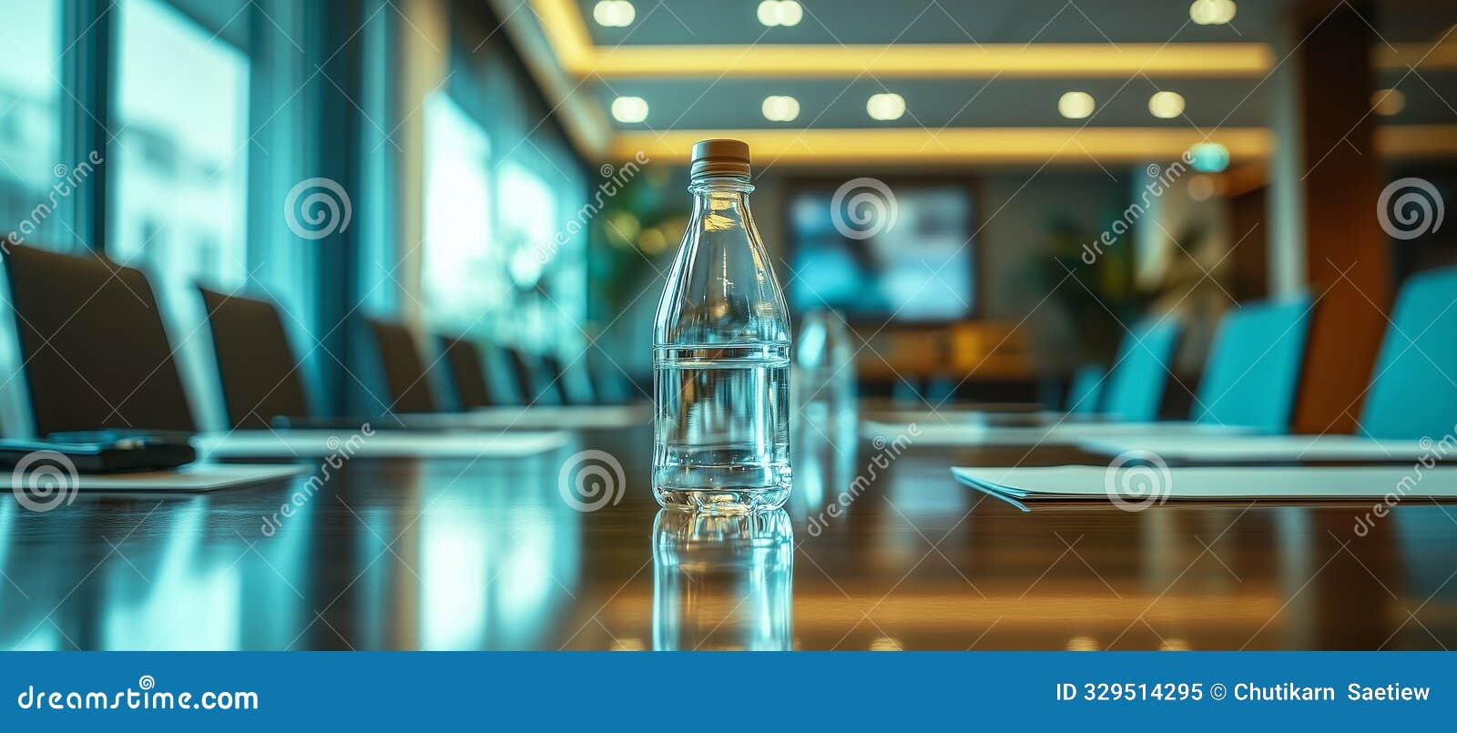 Elegant Conference Room Setup with Water Bottles and Glasses Stock ...
