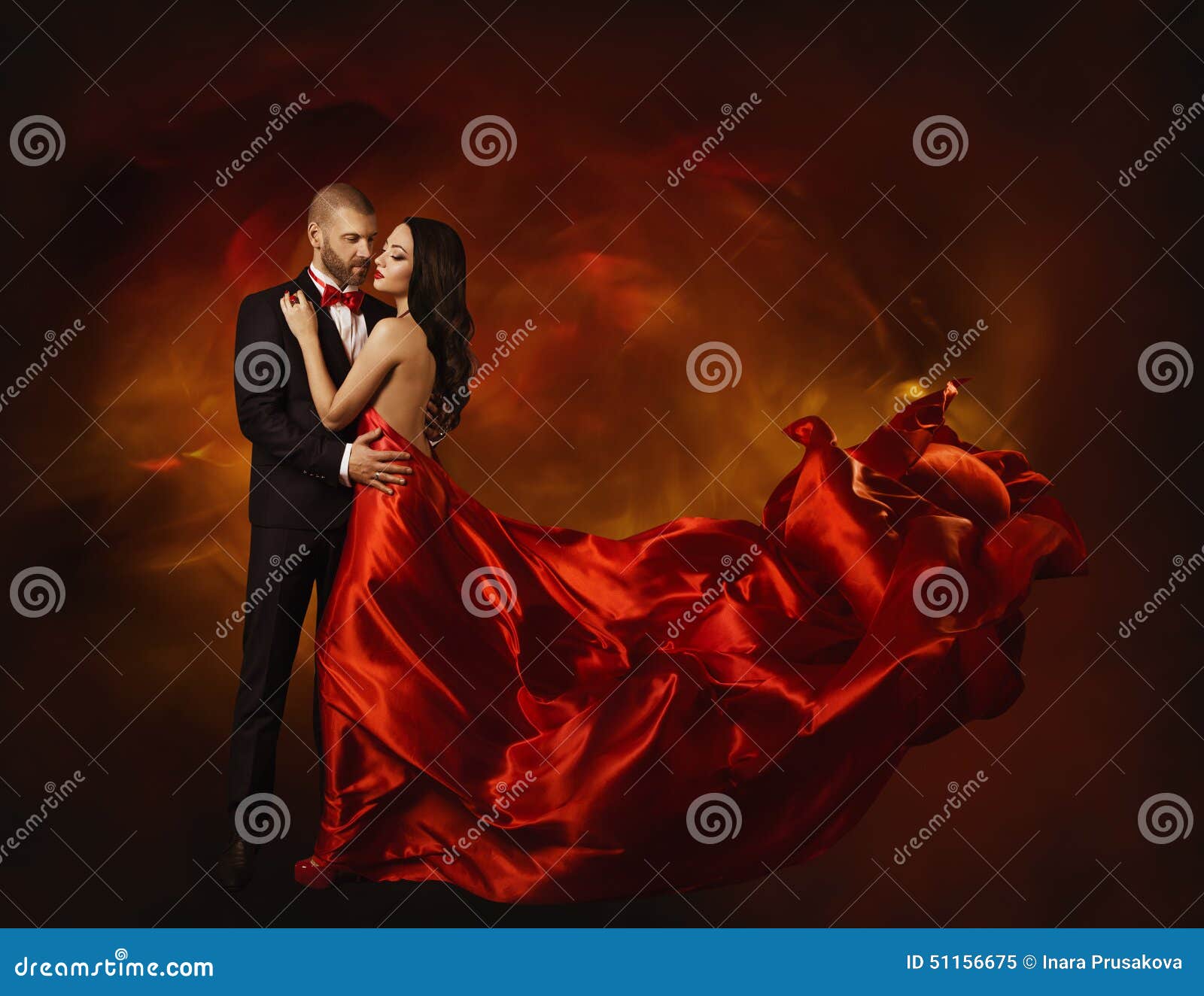 Elegant Couple Dancing In Love Woman In Red Clothes And Lover Stock