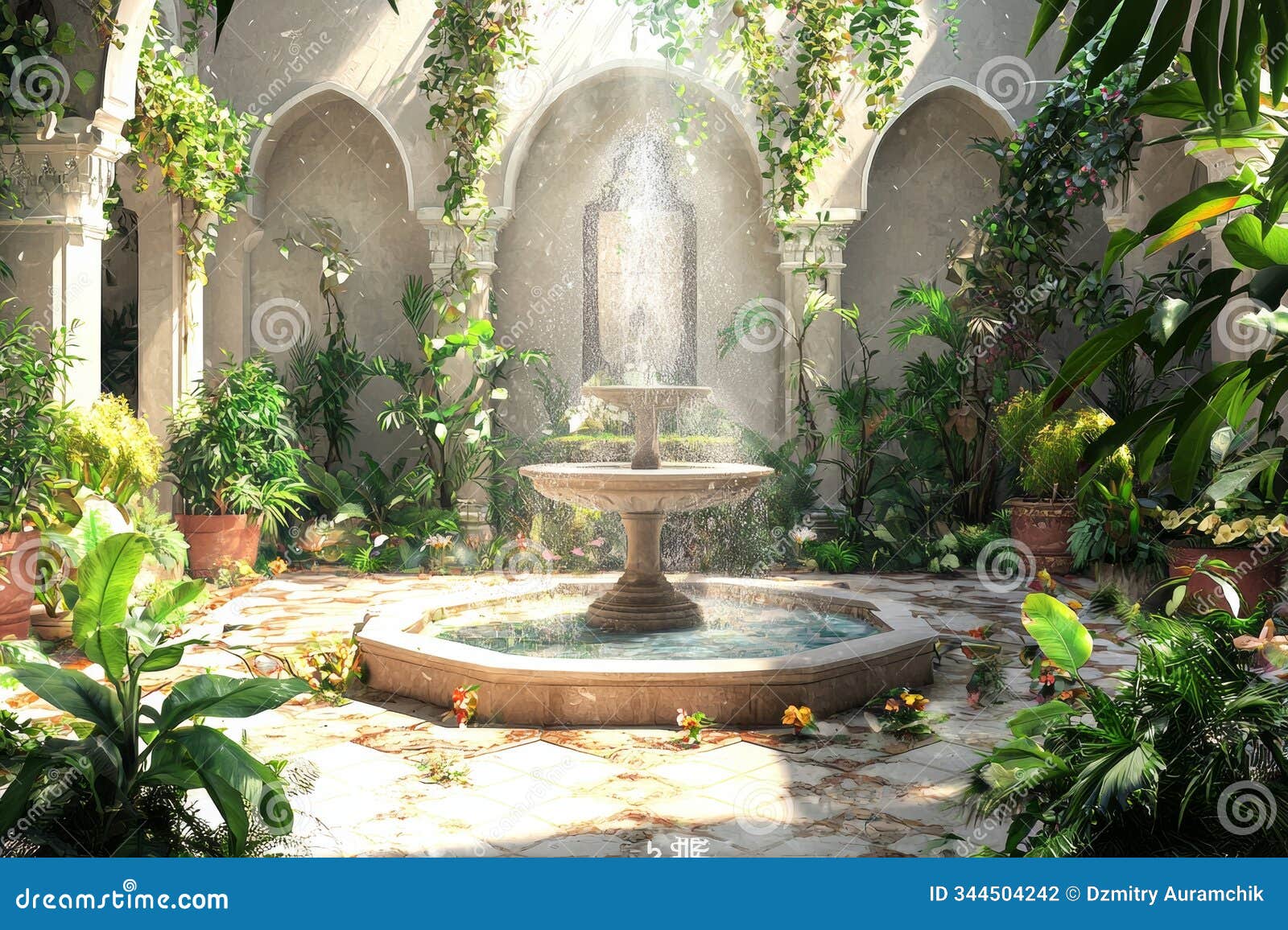 An Elegant Courtyard Surrounded by Lush Greenery and a Central Fountain ...