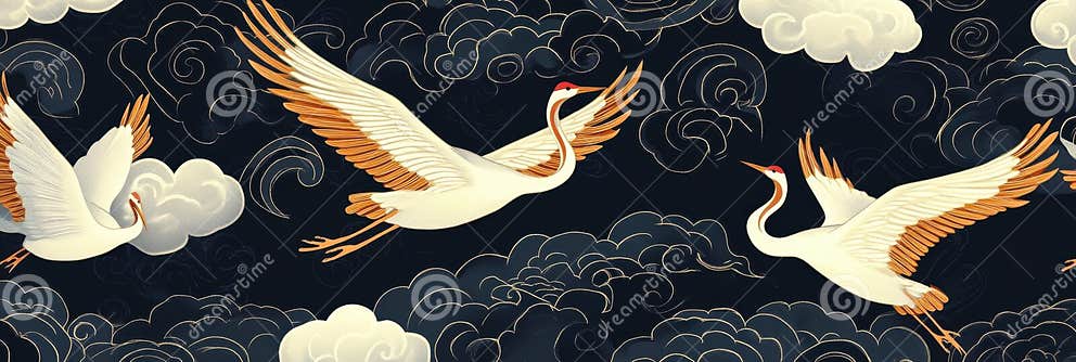 Elegant Crane Bird Pattern with Clouds on a Dark Background Stock Photo ...