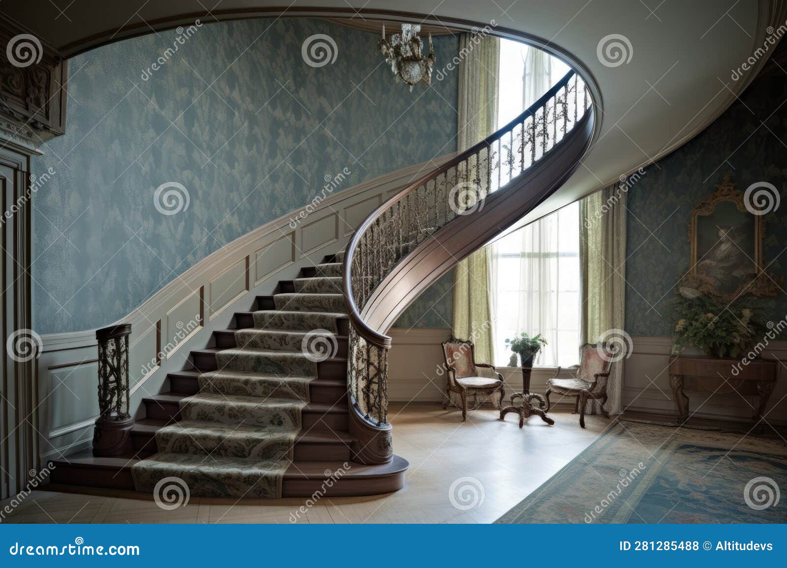 Elegant Curved Staircase with Ornate Balusters Stock Illustration ...