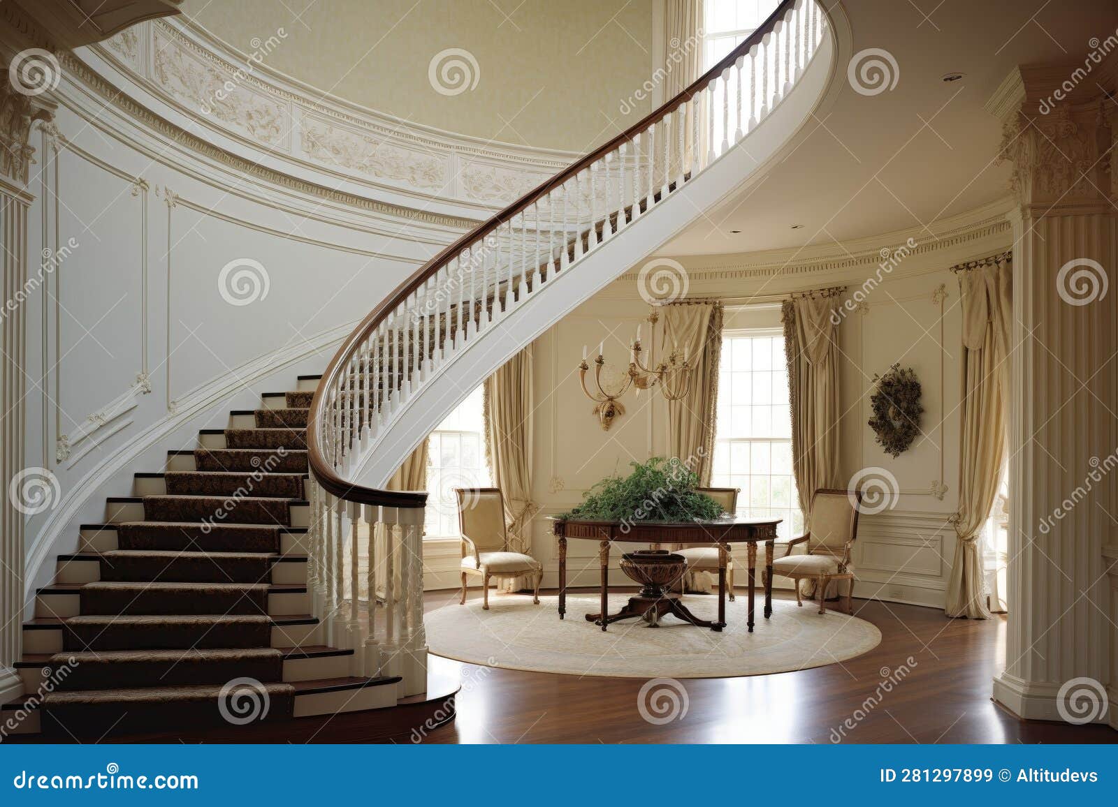 Elegant Curved Staircase with Ornate Balusters Stock Illustration ...