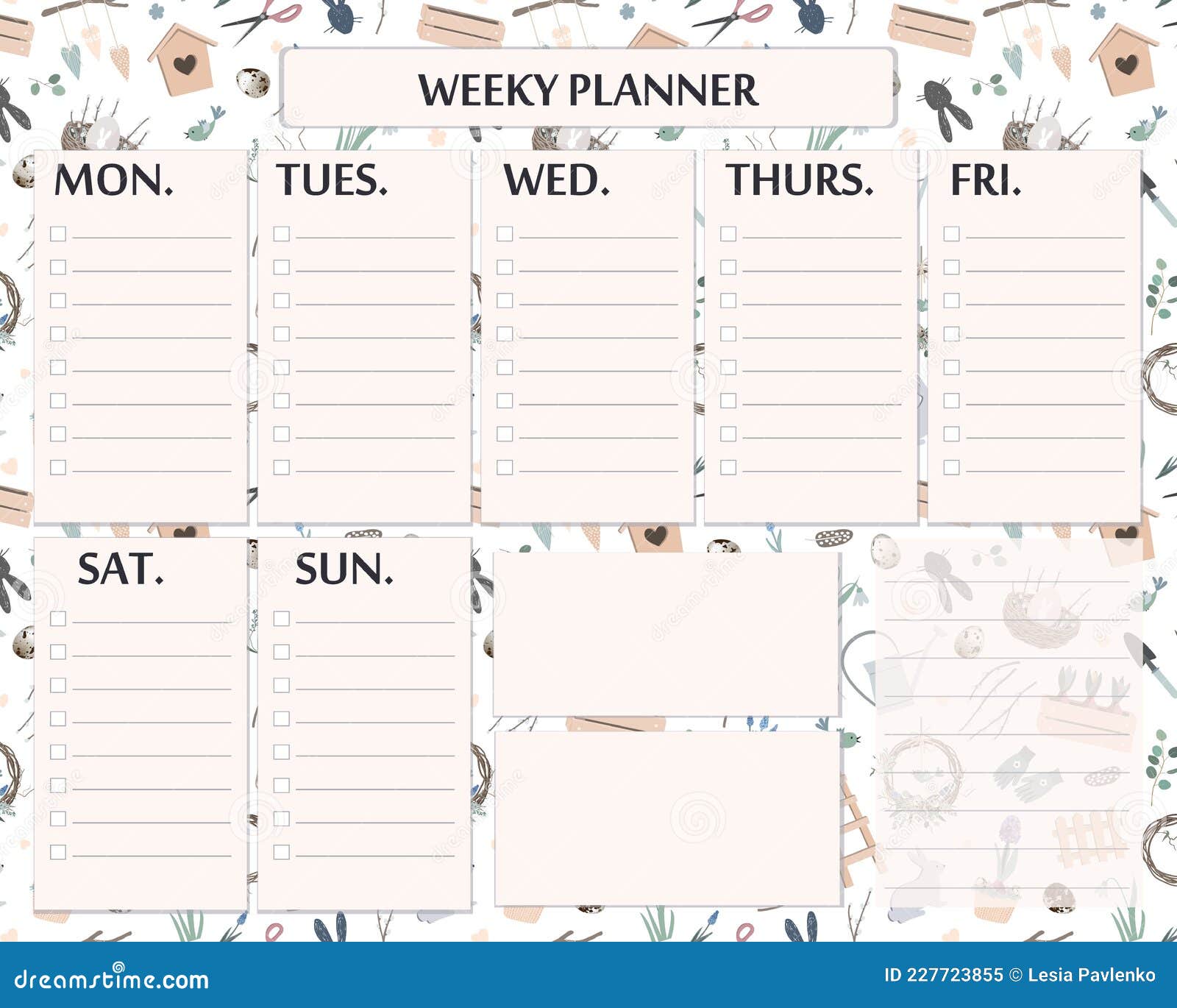 Elegant Weekly Planner Template with Spring Garden Objects. Isolated ...