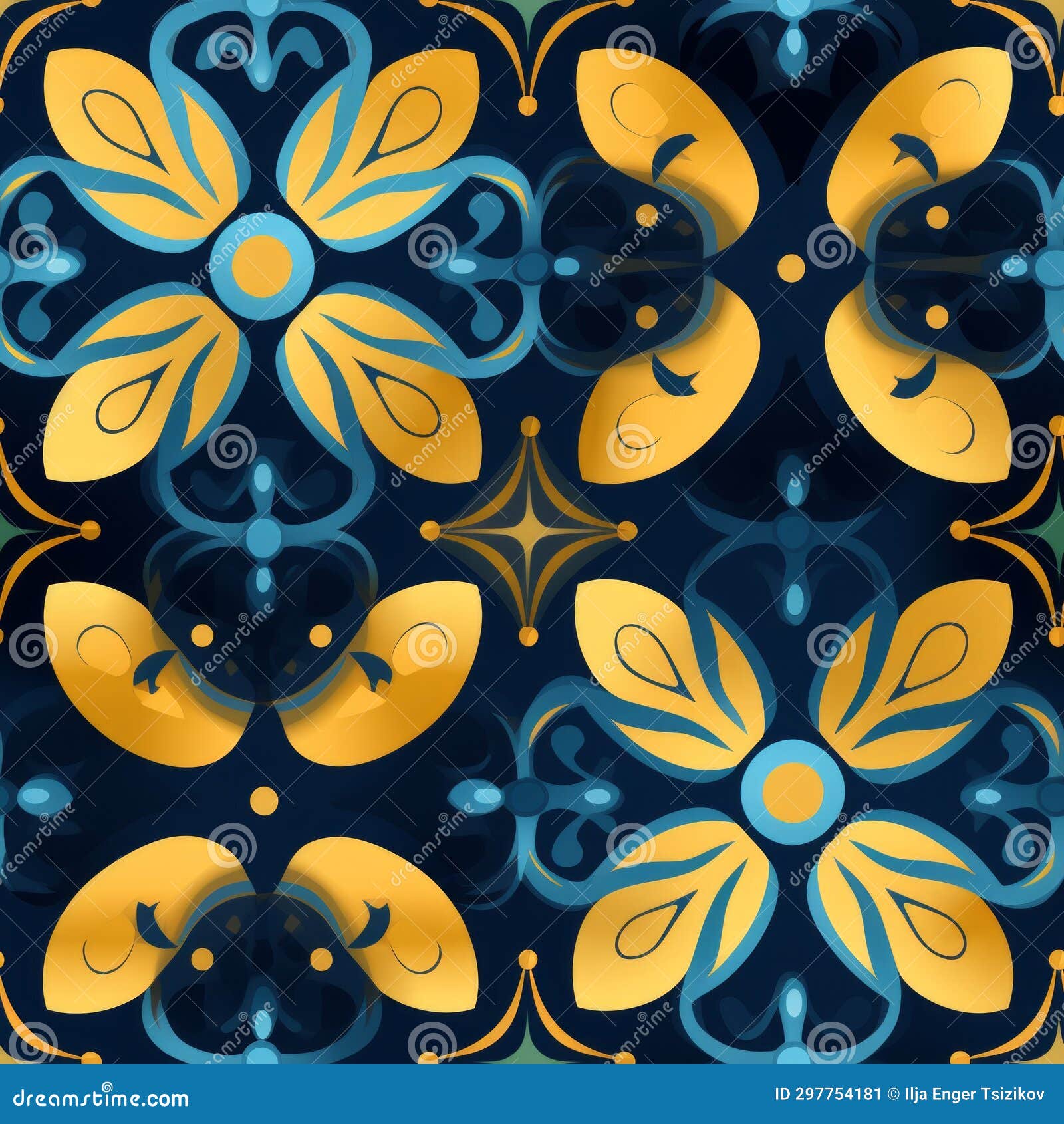 Elegant Damask Seamless Pattern with Deep Blue and Gold Colors in a ...