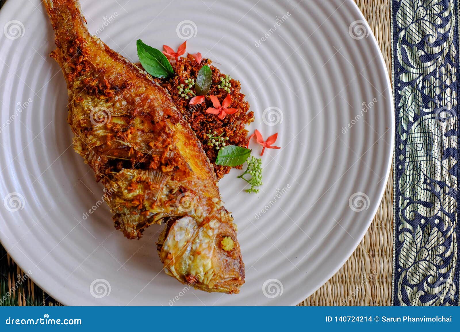 Elegant Deep Fried Fish with Herb and Flower Fine Dining Stock Photo ...