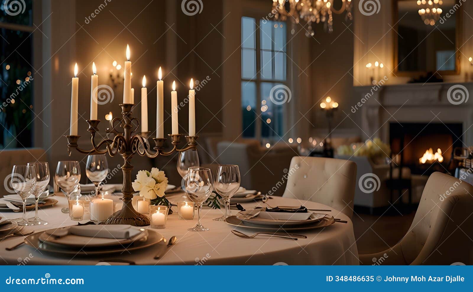 An Elegant Dining Table Setup with Candles Stock Illustration - Illustration of setting, banquet ...