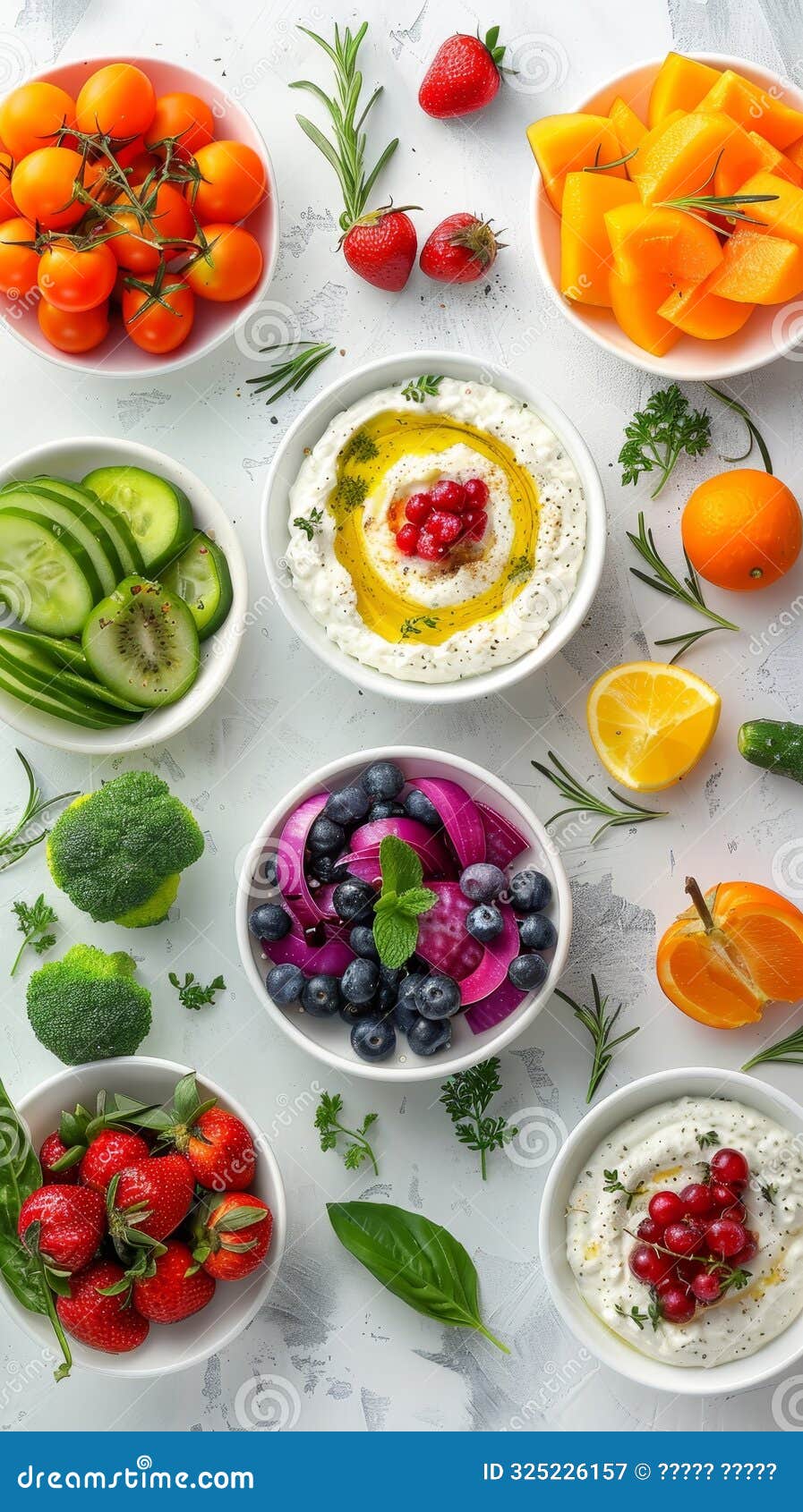 Elegant Display of Assorted Fruit Salads and Vegetable Dips on a ...