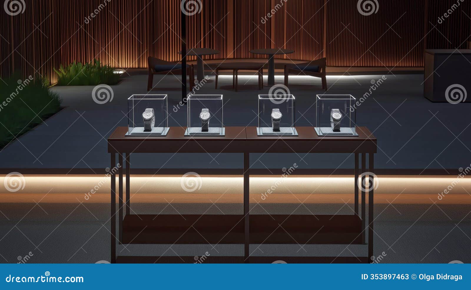 Elegant Display of Luxury Watches on Modern Podium in Upscale Setting ...