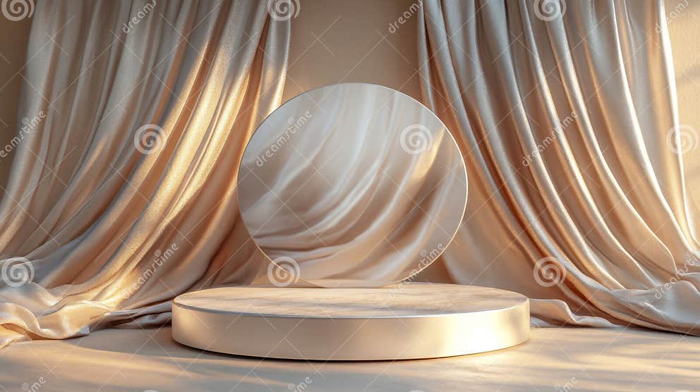Elegant Display Platform with Mirrored Circle and Silk Drapes Stock ...