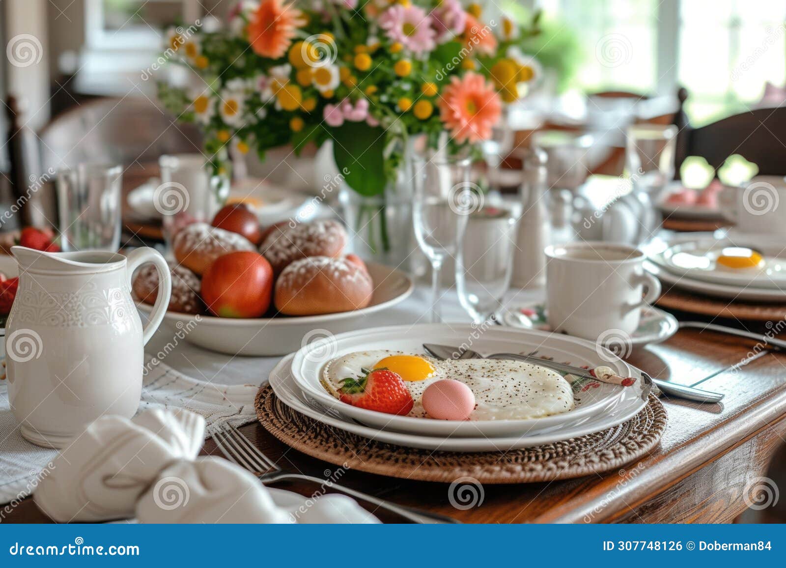 Elegant Easter Breakfast Table Setup with Fresh Eggs and Spring Flowers ...