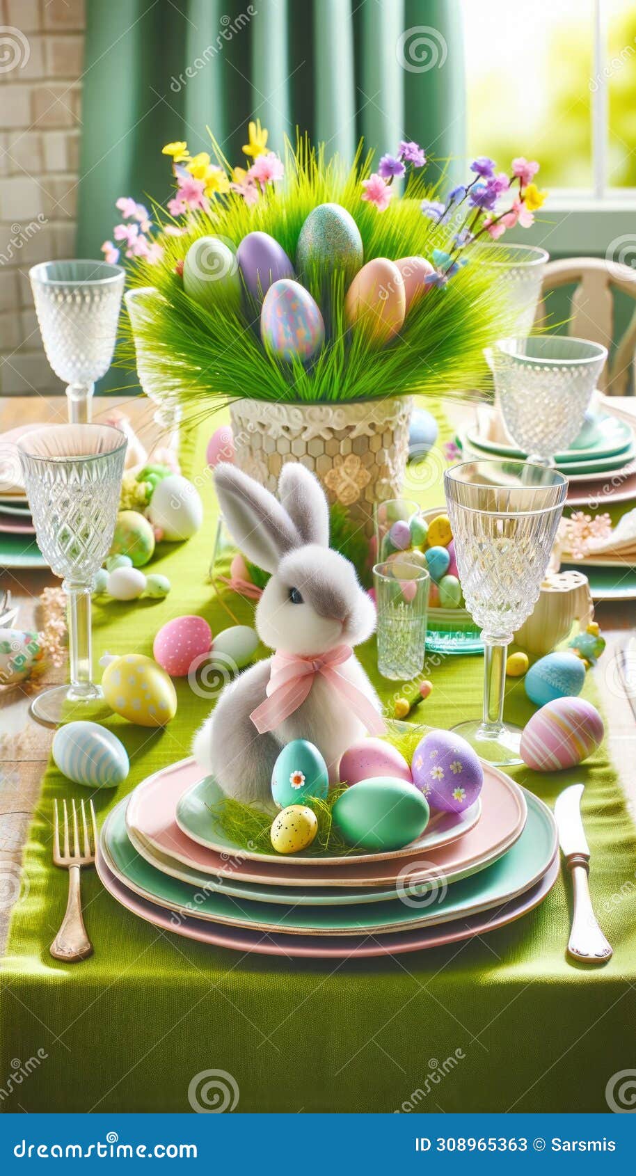 Elegant Easter Table Setting with Bunny Centerpiece and Pastel Eggs ...