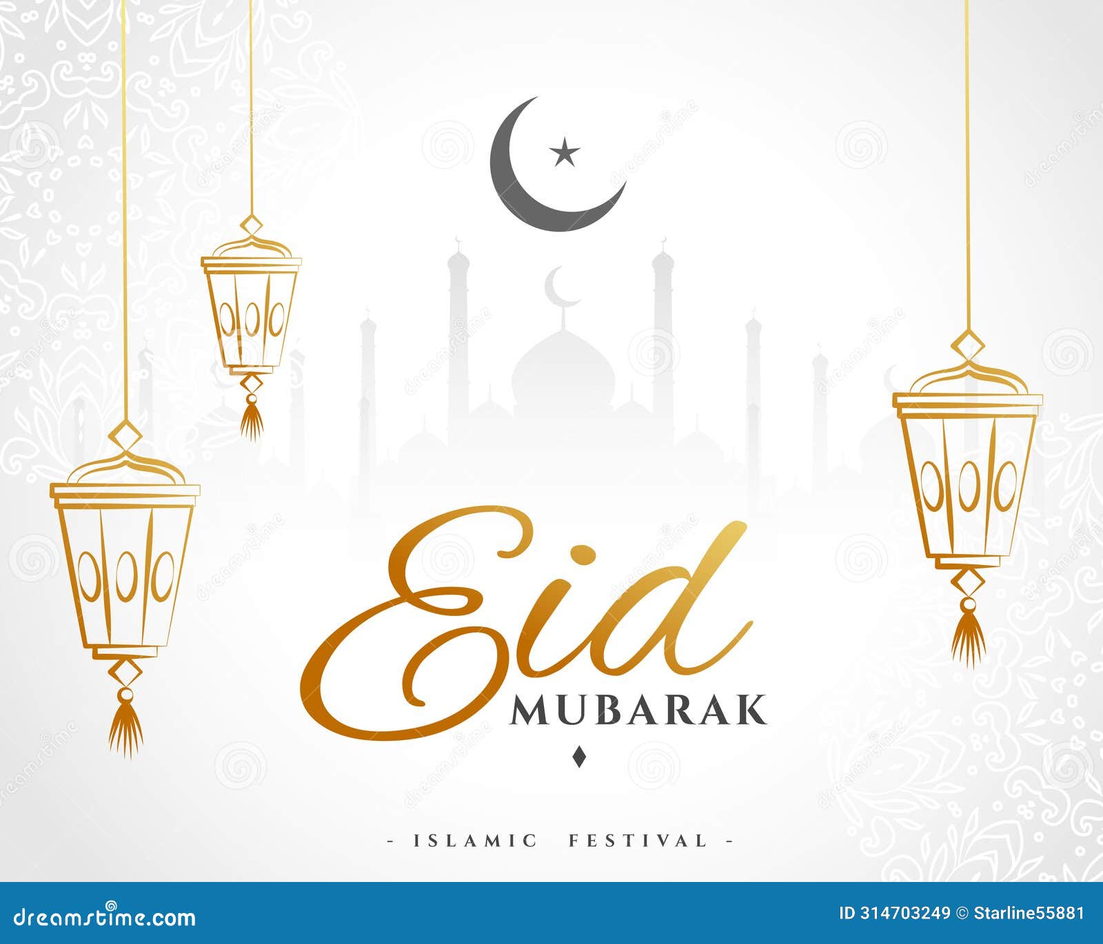 Eid Mubarak White Background Design, White And Blue Art Eid Card, Stock ...