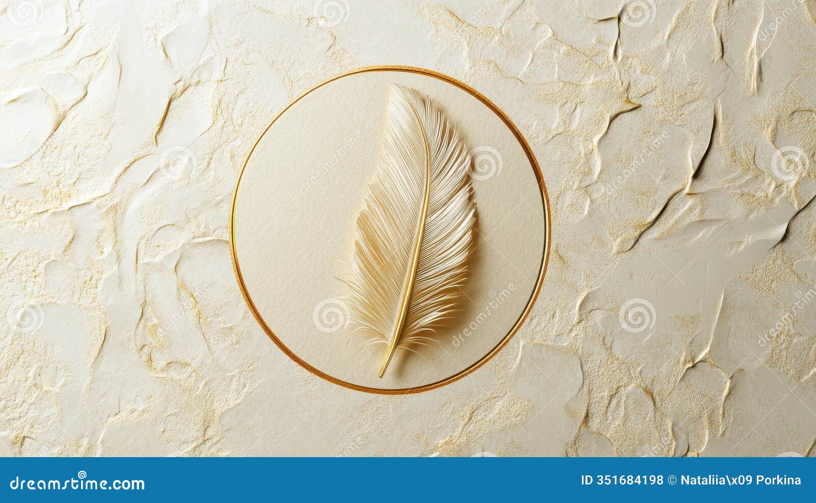 Elegant Feather on Textured Beige Surface with Gold Circular Frame ...