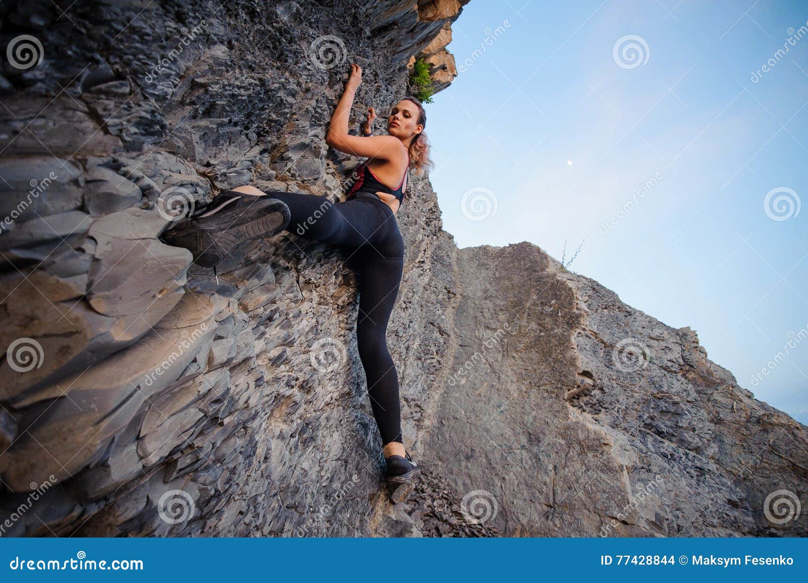 Female Extreme Climber Climbing Rock Over The River Stock Photography ...